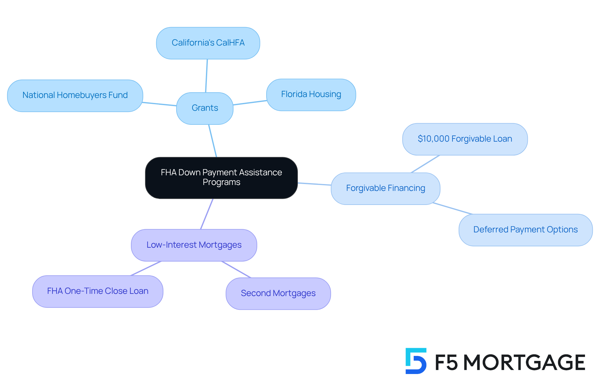 Start at the center with the main topic. Each branch shows a type of assistance, while sub-branches provide specific examples. Follow the branches to see how different programs can help families with down payments.