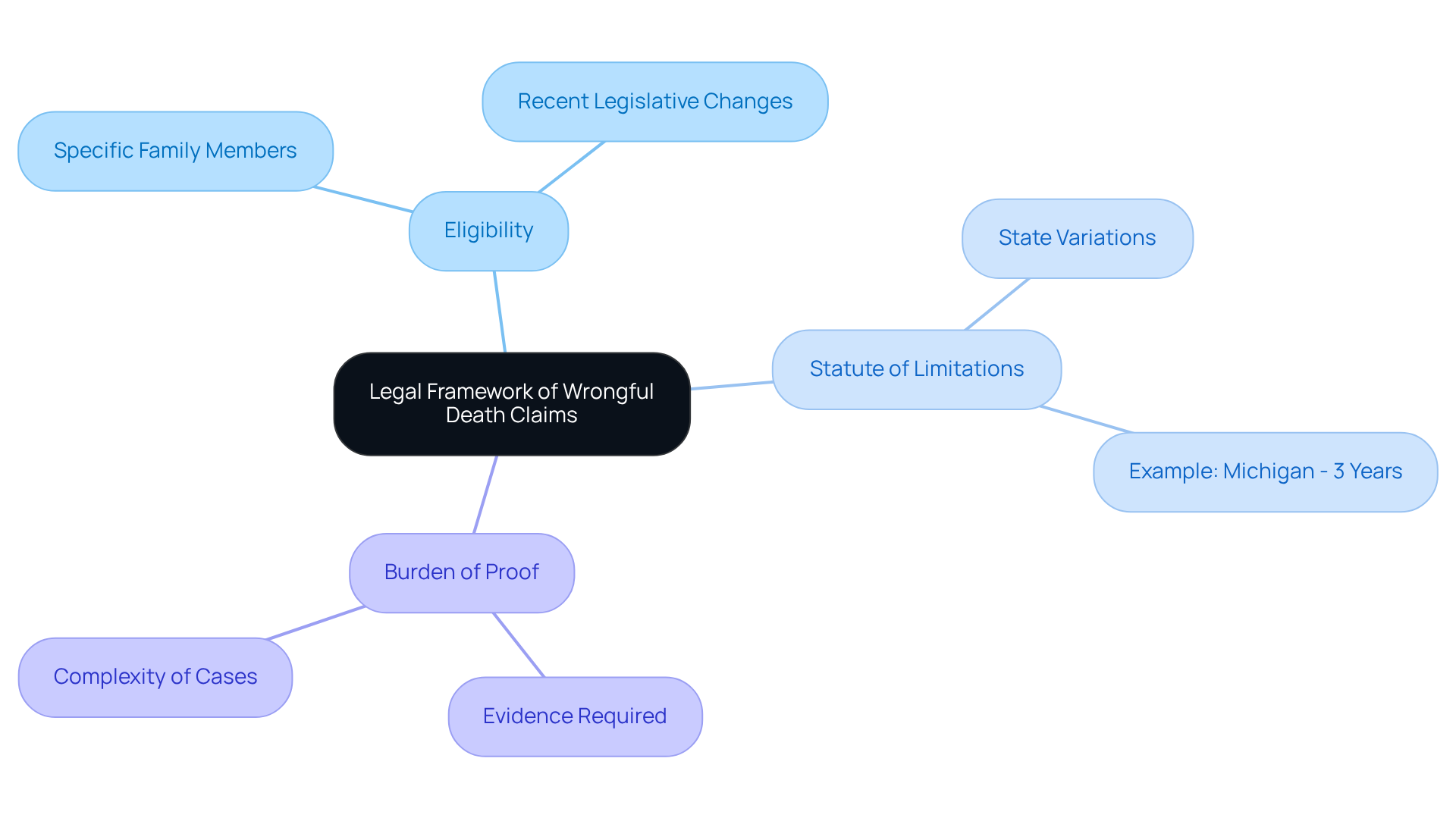 This mindmap starts with the central theme of wrongful death claims and branches out into key areas that families need to understand. Each branch represents a crucial aspect of the legal process, helping you see how they connect and what you need to know. This mindmap starts with the central theme of wrongful death claims and branches out into key areas that families need to understand. Each branch represents a crucial aspect of the legal process, helping you see how they connect and what you need to know.