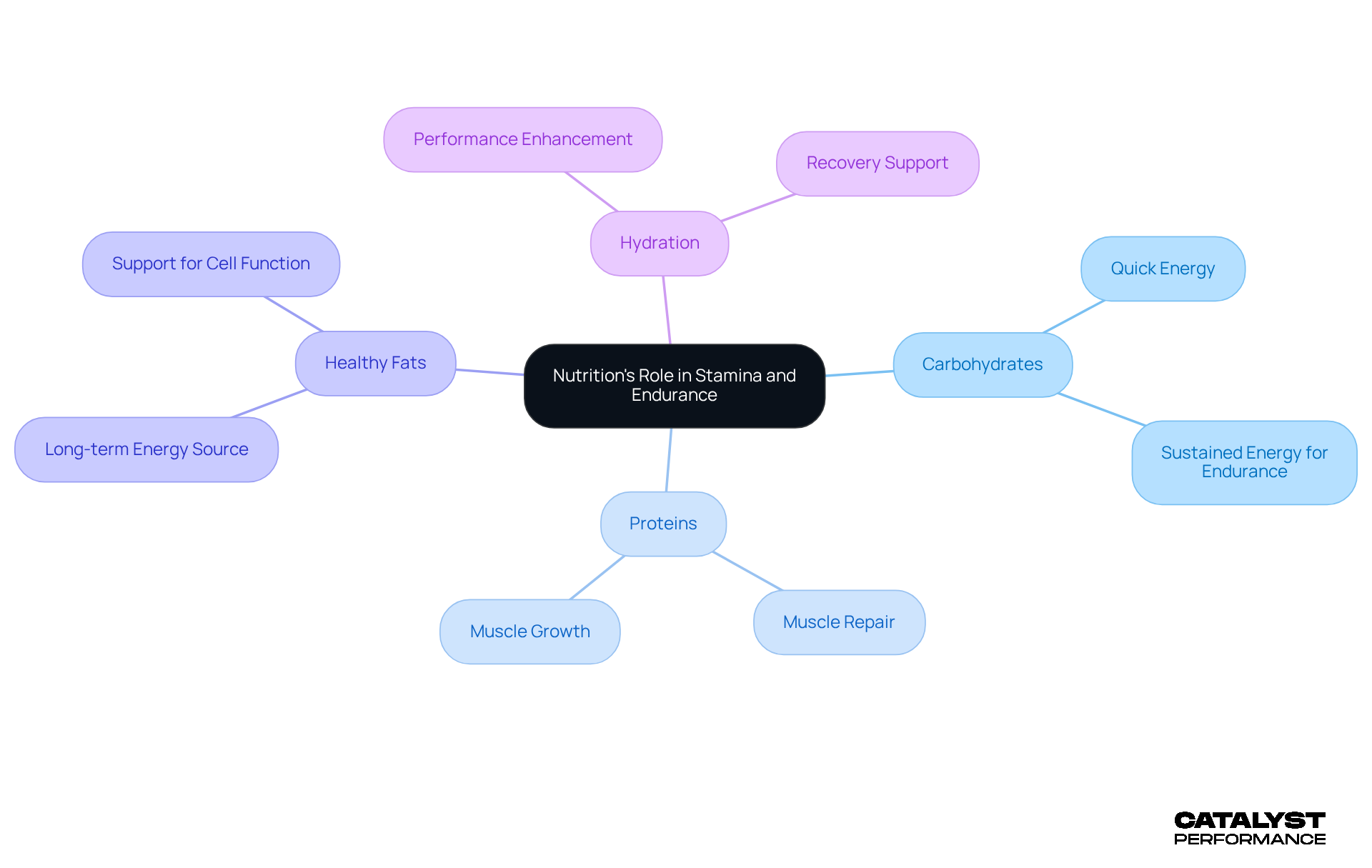 The central node represents the overall theme of nutrition's impact on athletic performance. Each branch highlights a key nutrient type, with sub-branches explaining how they contribute to energy and recovery. The central node represents the overall theme of nutrition's impact on athletic performance. Each branch highlights a key nutrient type, with sub-branches explaining how they contribute to energy and recovery.