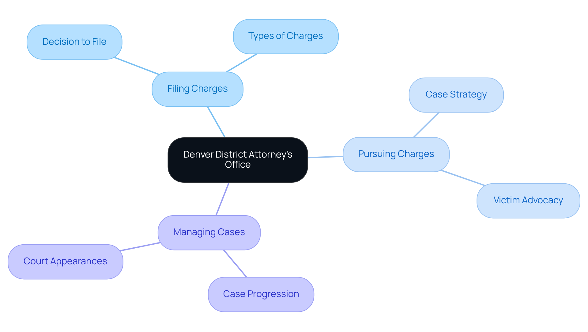 The center shows the main office, and the branches represent key responsibilities. Each branch details what the DA does in relation to prosecuting cases, helping you understand their vital role in the justice system.