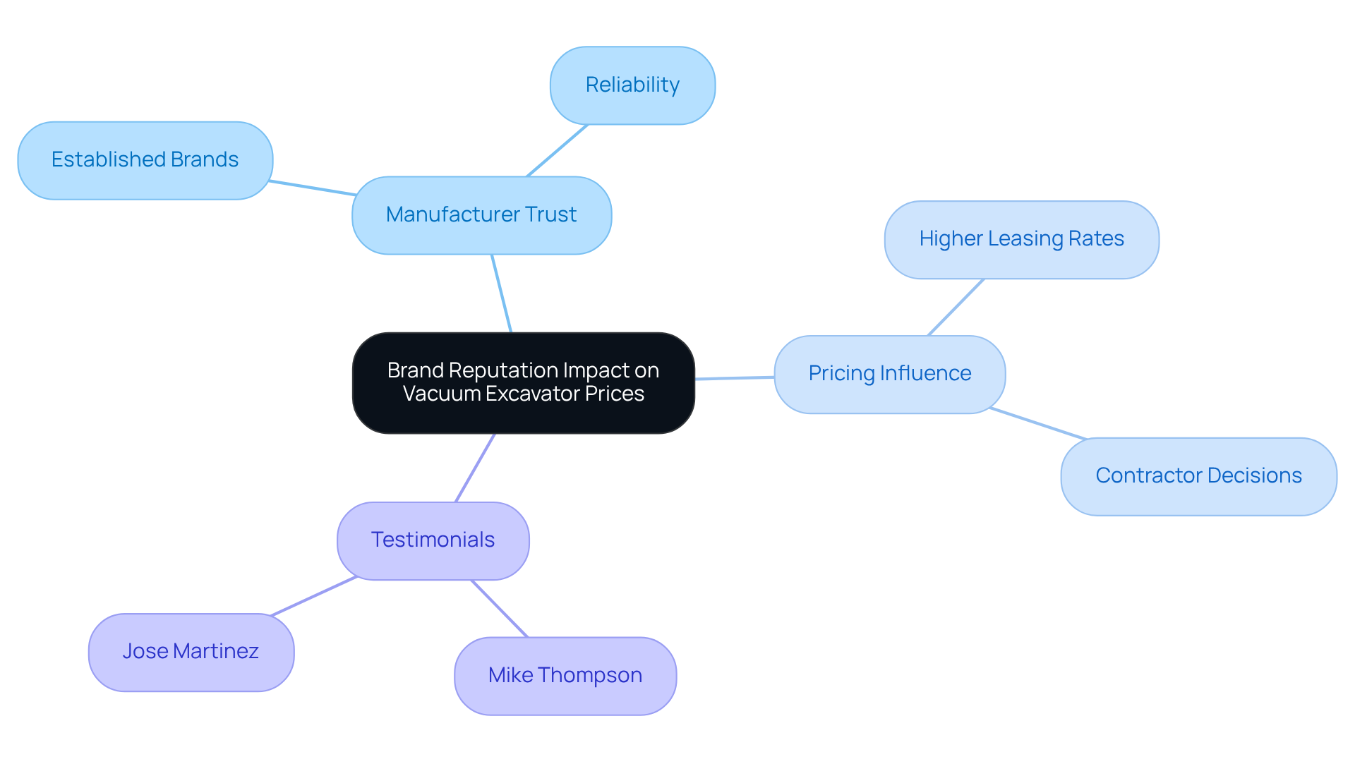 The central node represents the main idea, while branches show how different aspects like trust and testimonials influence pricing. Each color-coded branch helps you see the connections and importance of each factor.