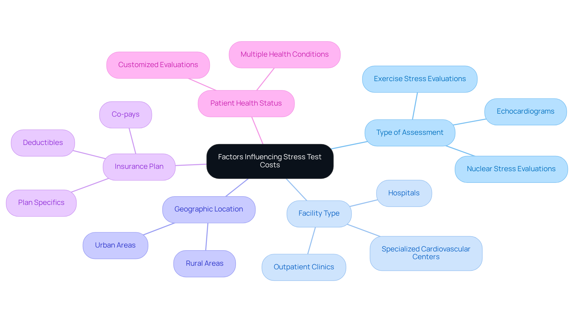 This mindmap shows the different factors that can affect how much a stress test costs. Each branch represents a specific factor, and you can follow the branches to see more details about each one. This helps you understand what influences the pricing and how you can prepare for potential expenses.