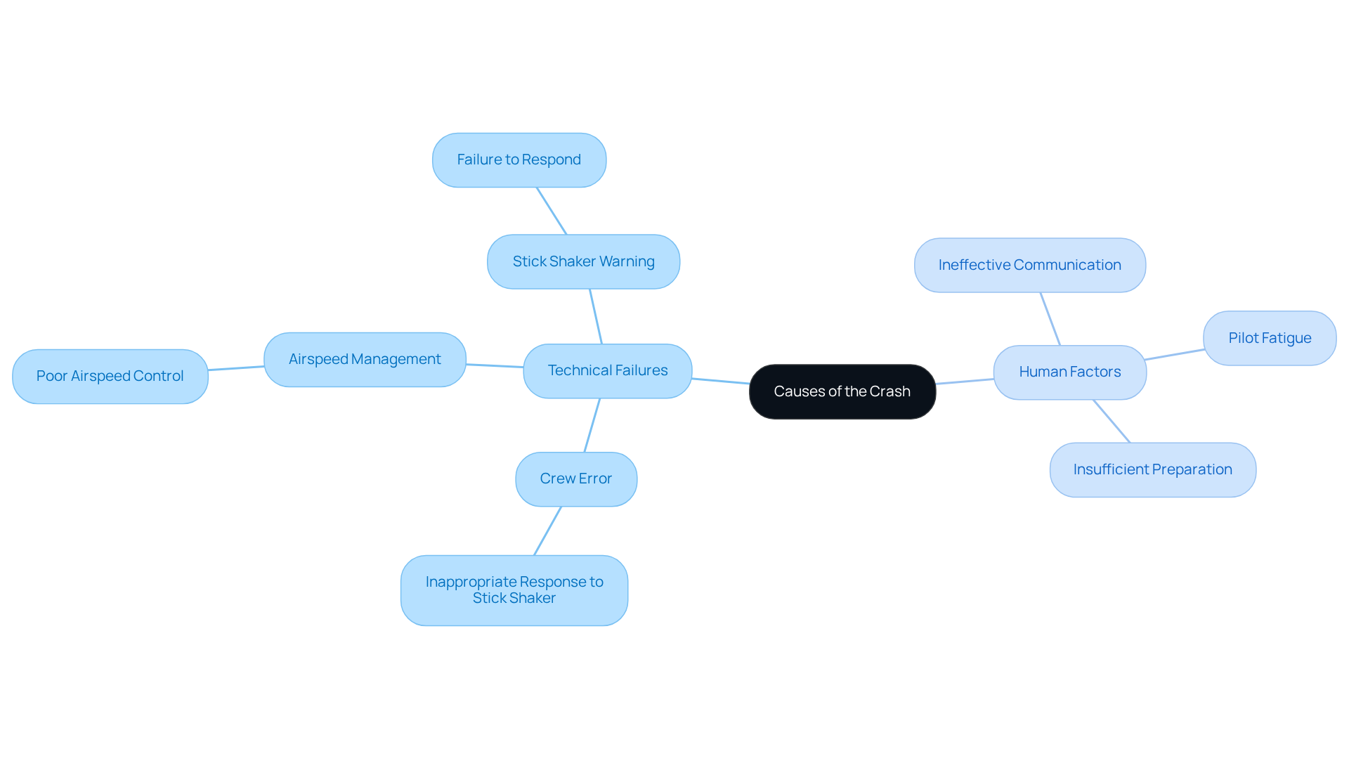 The central node represents the main topic, while the branches show different contributing factors. Each color-coded branch helps you see how technical issues and human errors are interconnected in this tragic event.
