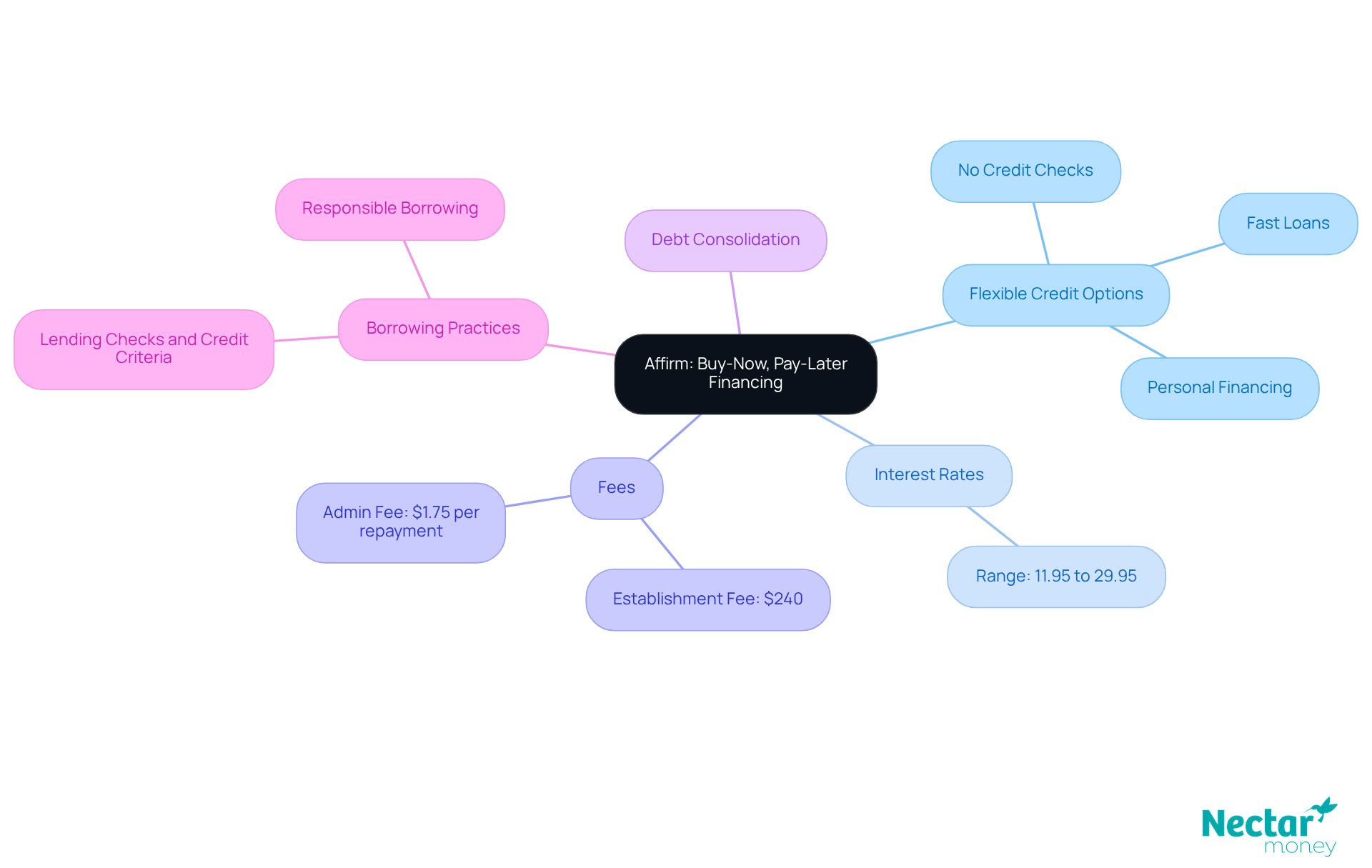 The central node represents the Buy-Now, Pay-Later service, with branches illustrating various components like credit options, interest rates, fees, and debt management solutions. Each branch provides a summary of important details, helping you understand how they fit into the overall financing strategy.