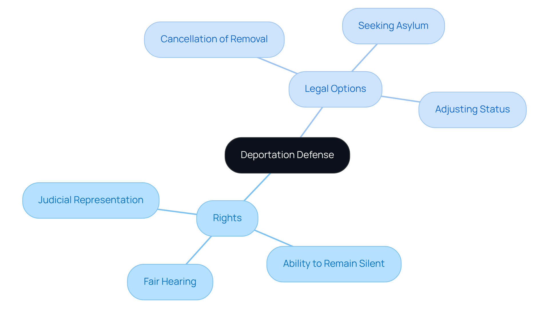 The central node represents the main topic of deportation defense. The branches show the fundamental rights and legal options available, helping you understand what protections and actions you can take.