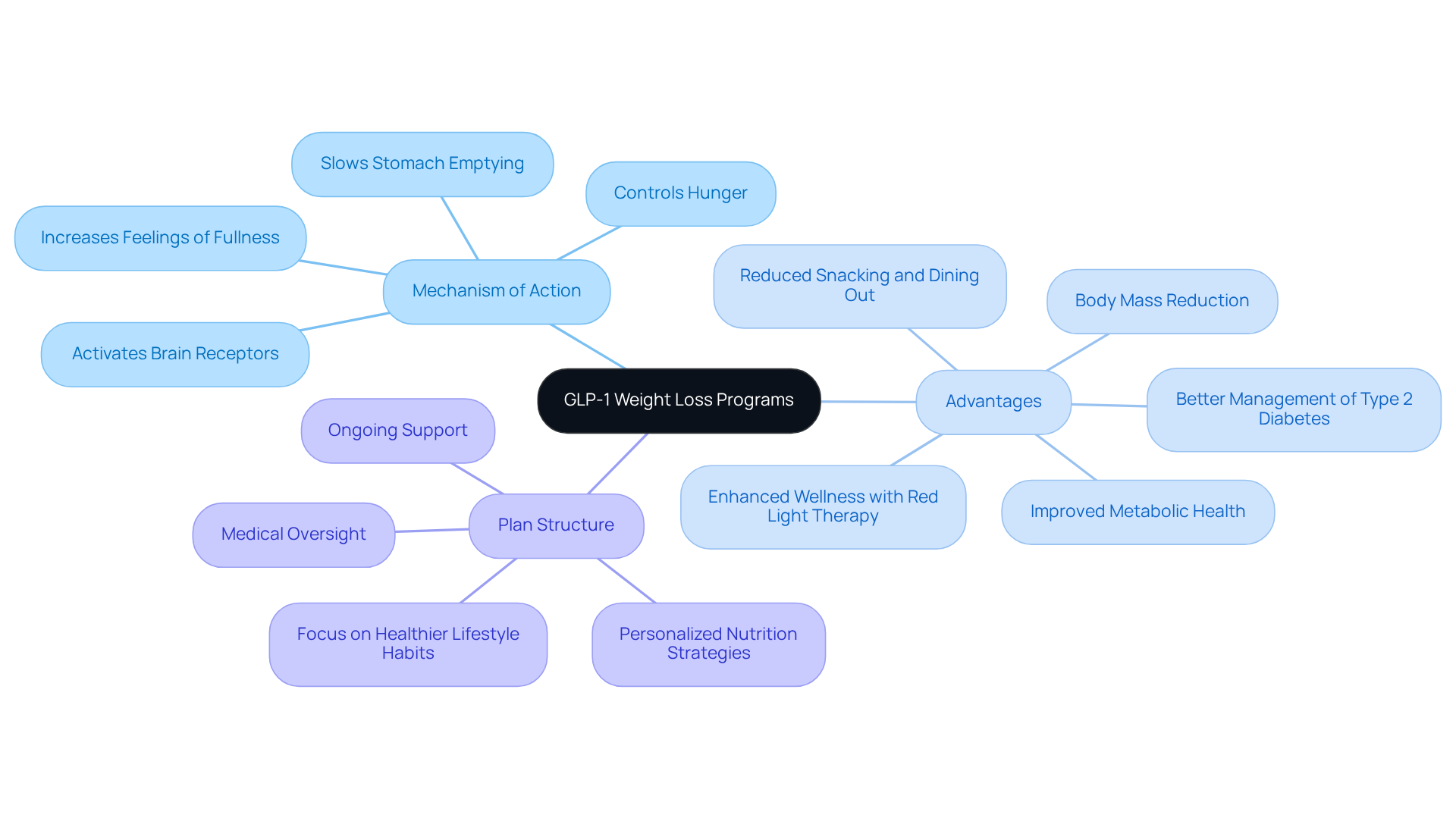 The center represents the main topic of GLP-1 weight loss programs. Each branch shows a key aspect of the program, with further details under each category. This layout helps you see how everything connects and supports your weight loss journey.
