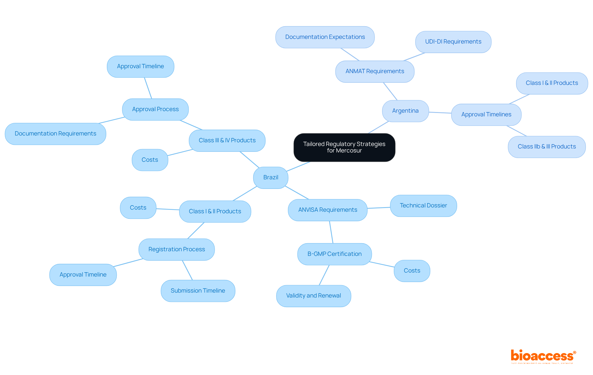 The central node represents the overall strategy, while the branches show specific requirements for Brazil and Argentina. Each sub-branch details the unique aspects of compliance, helping you understand what is needed for successful registration in each country.
