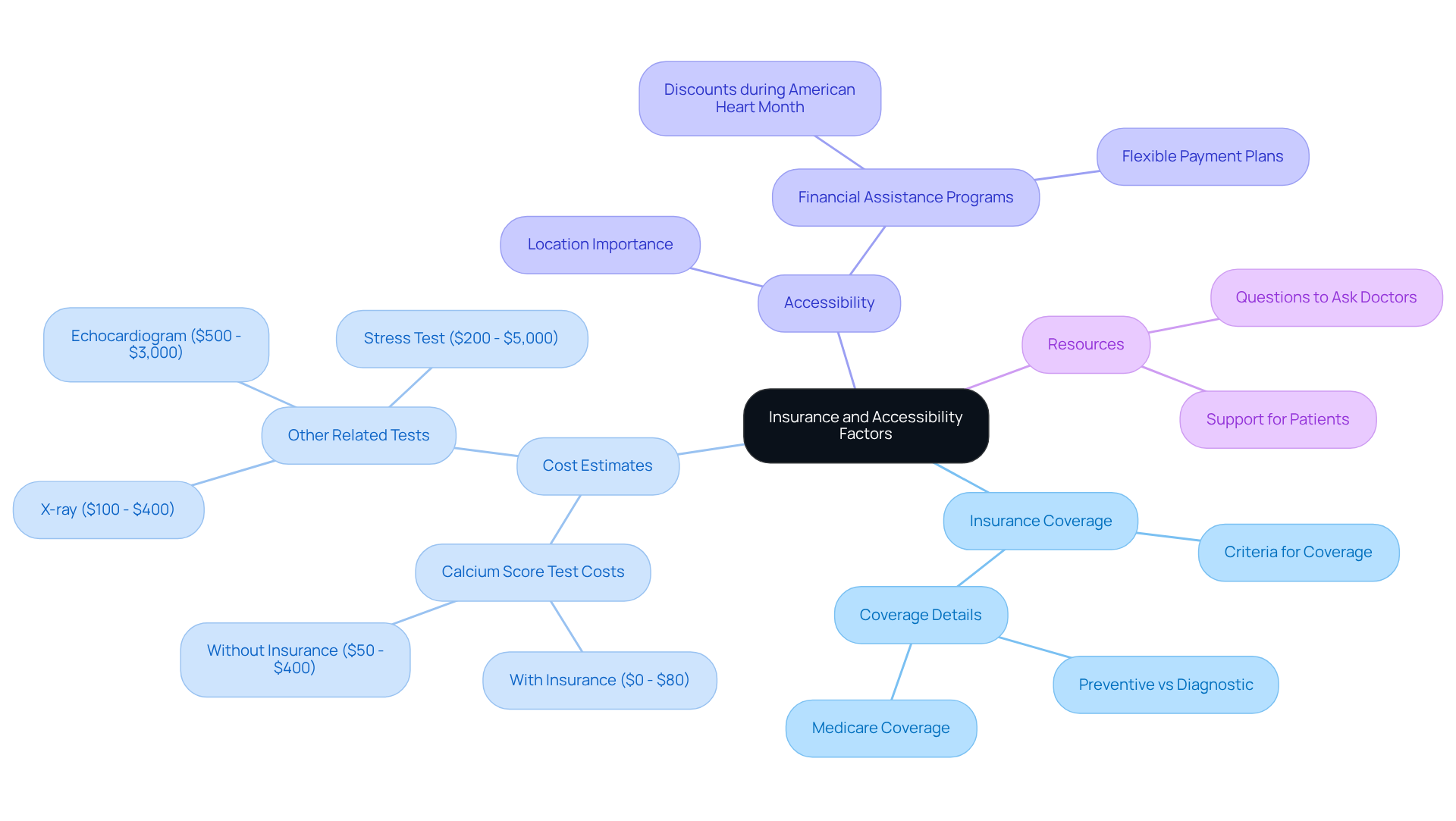 The center represents the main topic, while branches show different factors to consider. Each color-coded branch helps you navigate through insurance details, costs, accessibility options, and available resources.