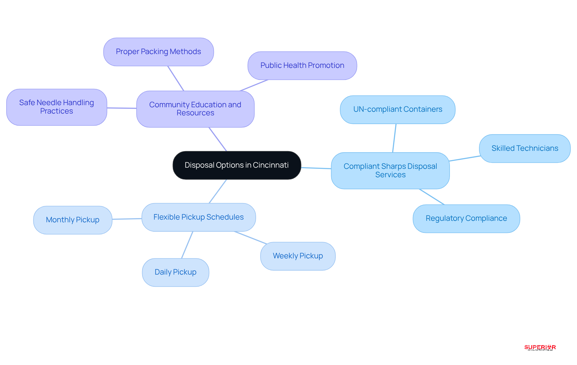 The central node represents the main topic of disposal options, while the branches show different services and resources available. Each color-coded branch helps you quickly identify the type of information related to safe sharps disposal.