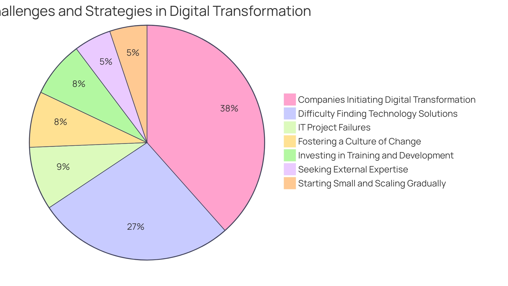 Colors represent different challenges and strategies related to digital transformation, with percentages indicating the significance of each challenge.