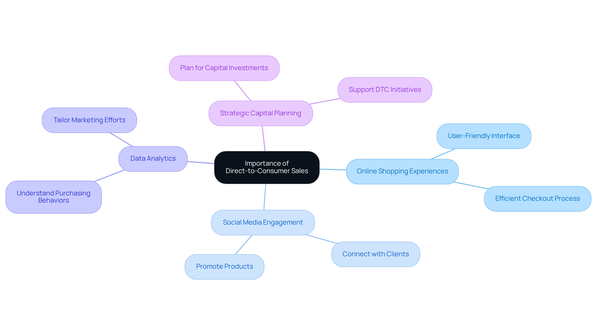 The center represents the main theme of DTC sales. Each branch shows a key strategy, and sub-branches provide specific action items. This layout helps you see the relationship between the core idea and the strategies that support it.