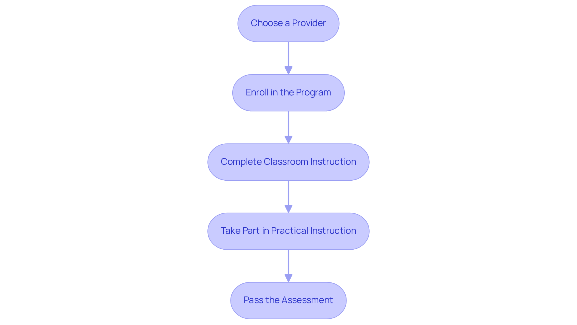 Each box represents a step in the training process. Follow the arrows to see how to progress from choosing a provider to passing the assessment.