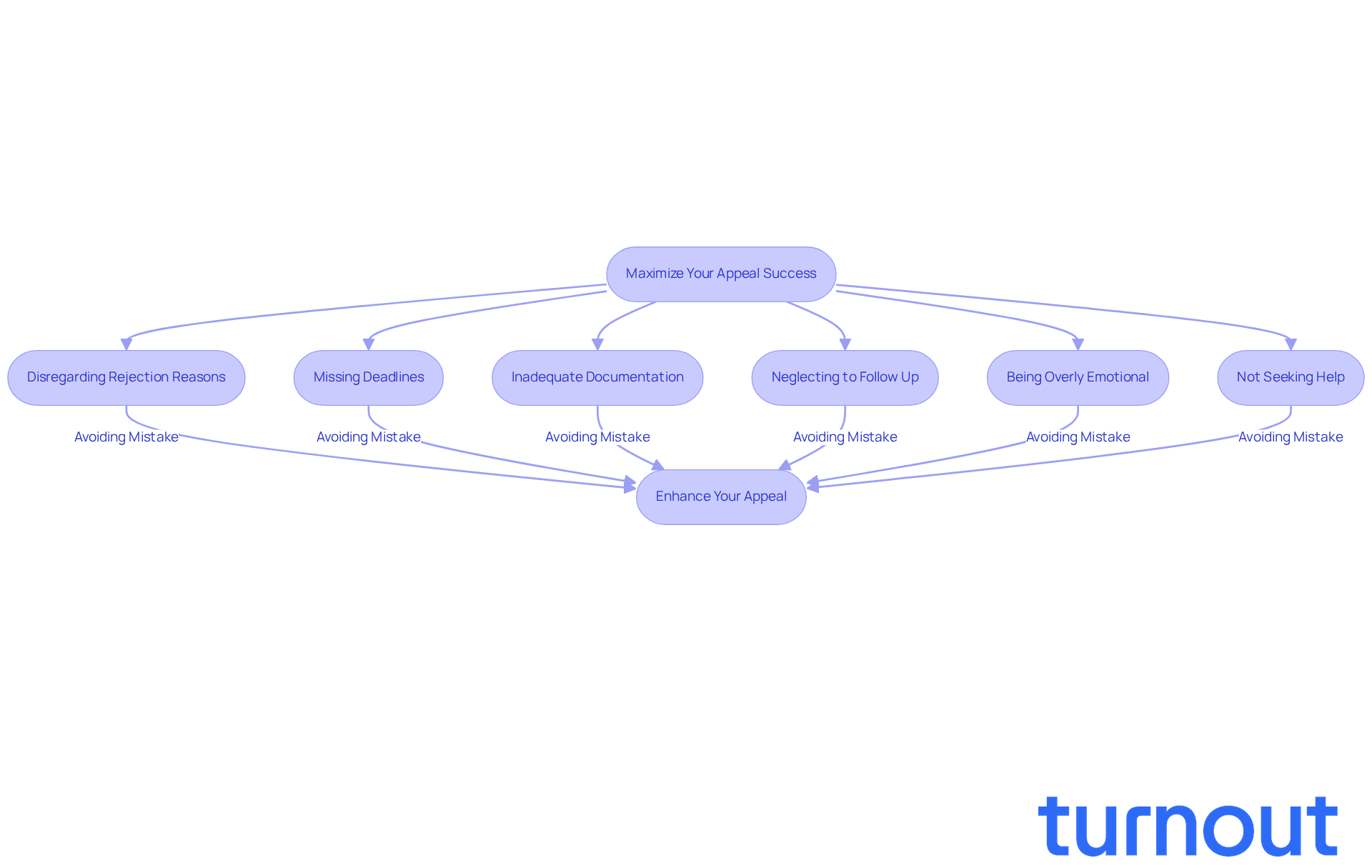 Each box represents a mistake to avoid during your appeal process. Follow the arrows to see how steering clear of these pitfalls can lead to a more successful outcome. Each box represents a mistake to avoid during your appeal process. Follow the arrows to see how steering clear of these pitfalls can lead to a more successful outcome.