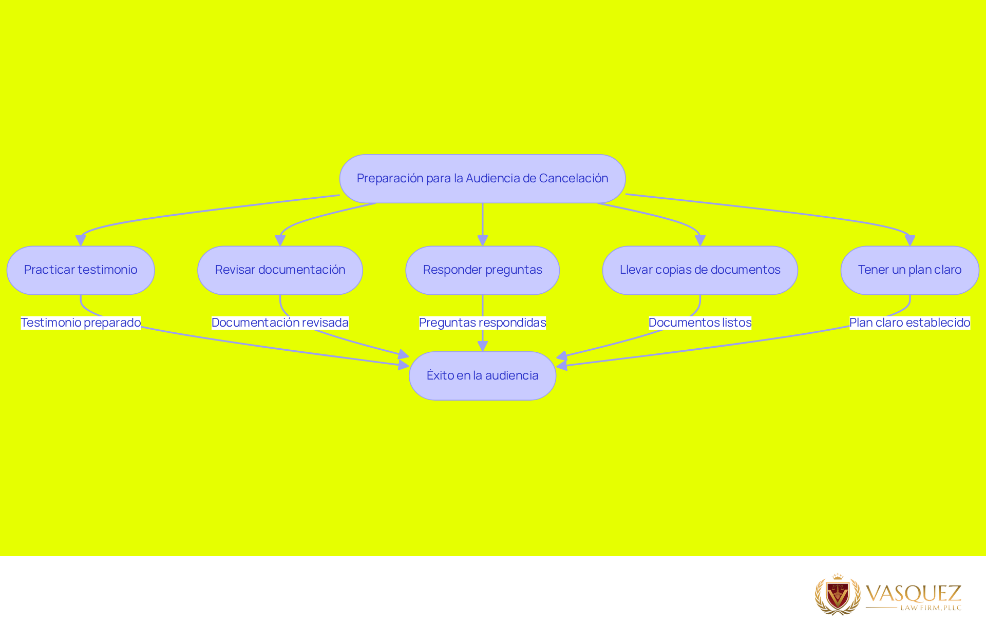 Cada caja representa un paso en la preparación para la audiencia. Sigue las flechas para entender cómo cada paso se conecta y contribuye al éxito de tu caso.