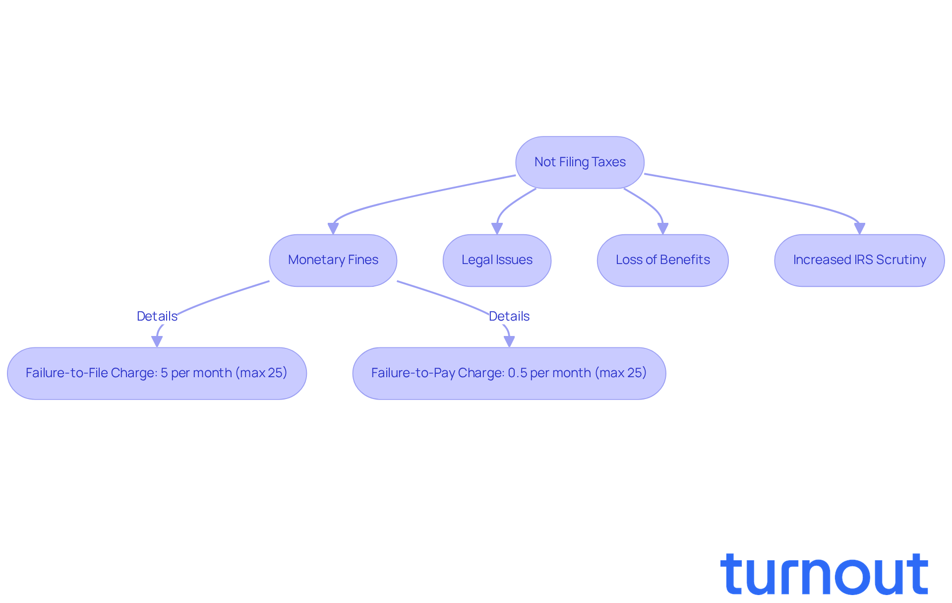 This flowchart shows what happens if you don't file your taxes. Start at the top with 'Not Filing Taxes' and follow the arrows to see the different consequences, like fines and legal issues. Each box explains a specific outcome, helping you understand the risks involved.