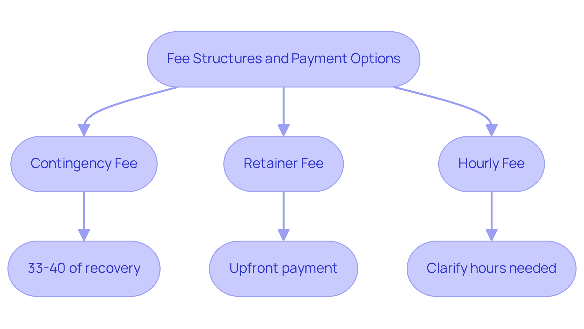 This flowchart helps you navigate the different payment options when hiring a lawyer. Each path shows a type of fee and important details to consider, making it easier to understand your financial commitments.