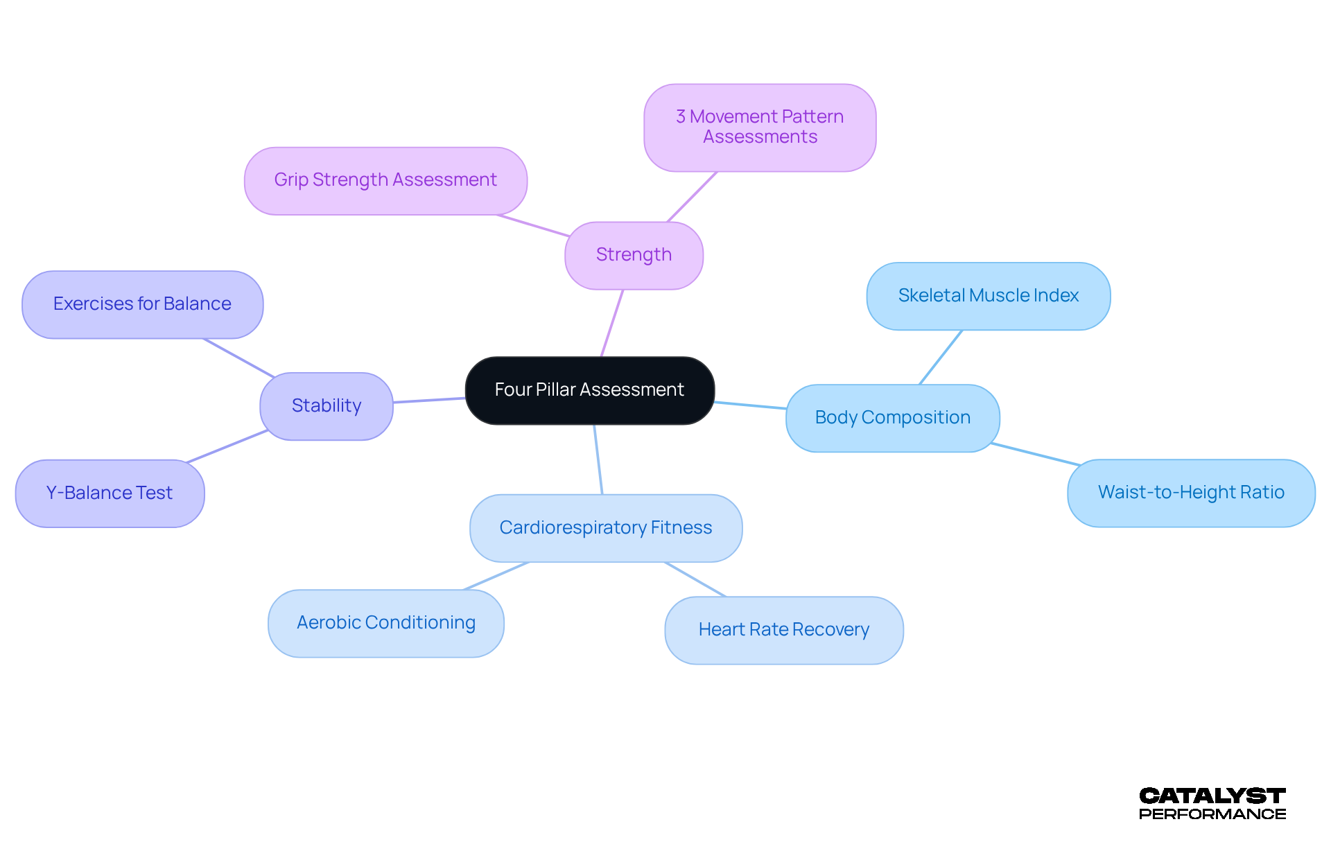 The center represents the Four Pillar Assessment, with branches showing each key area of focus. Follow the branches to see how each pillar can lead to personalized fitness strategies and improvements.