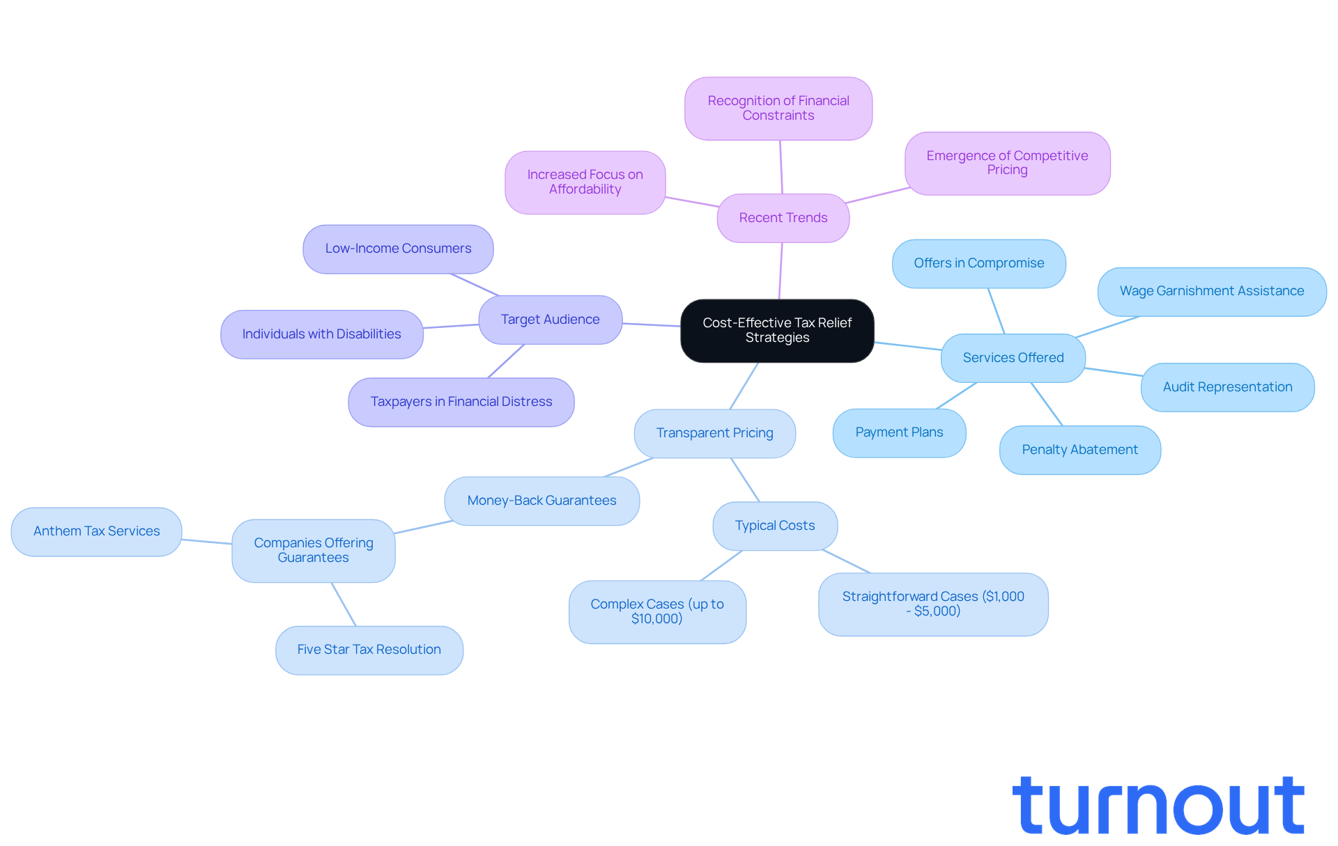 The central node represents the main theme of affordable tax relief. Each branch shows different aspects of the services, making it easy to see how they relate to the overall goal of helping individuals manage their tax issues.