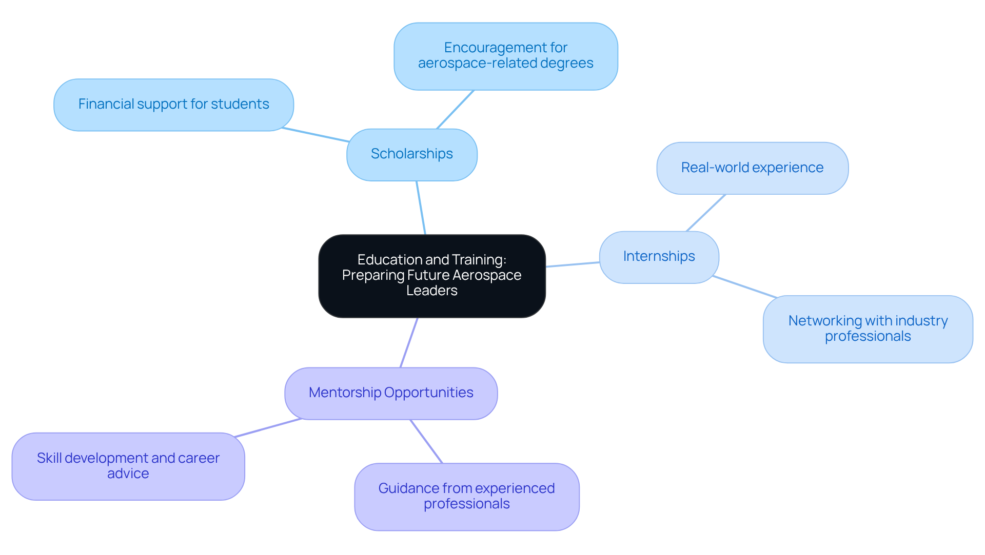 Explore the central theme of developing aerospace leaders through educational initiatives. Each branch represents a key initiative, and the sub-branches detail their specific roles in fostering professional growth. Explore the central theme of developing aerospace leaders through educational initiatives. Each branch represents a key initiative, and the sub-branches detail their specific roles in fostering professional growth.