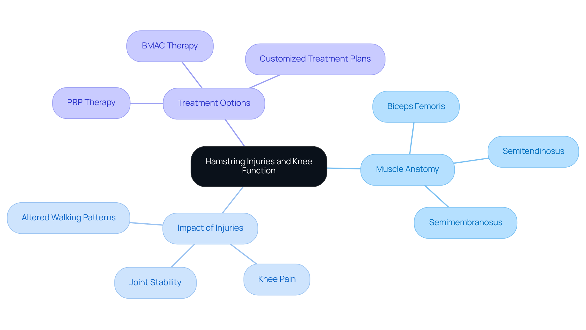 This mindmap illustrates how hamstring injuries affect knee function. Start at the center with the main topic, then explore the branches to see the muscles involved, the consequences of injuries, and the treatment options available. Each color-coded branch helps you navigate through the information easily.