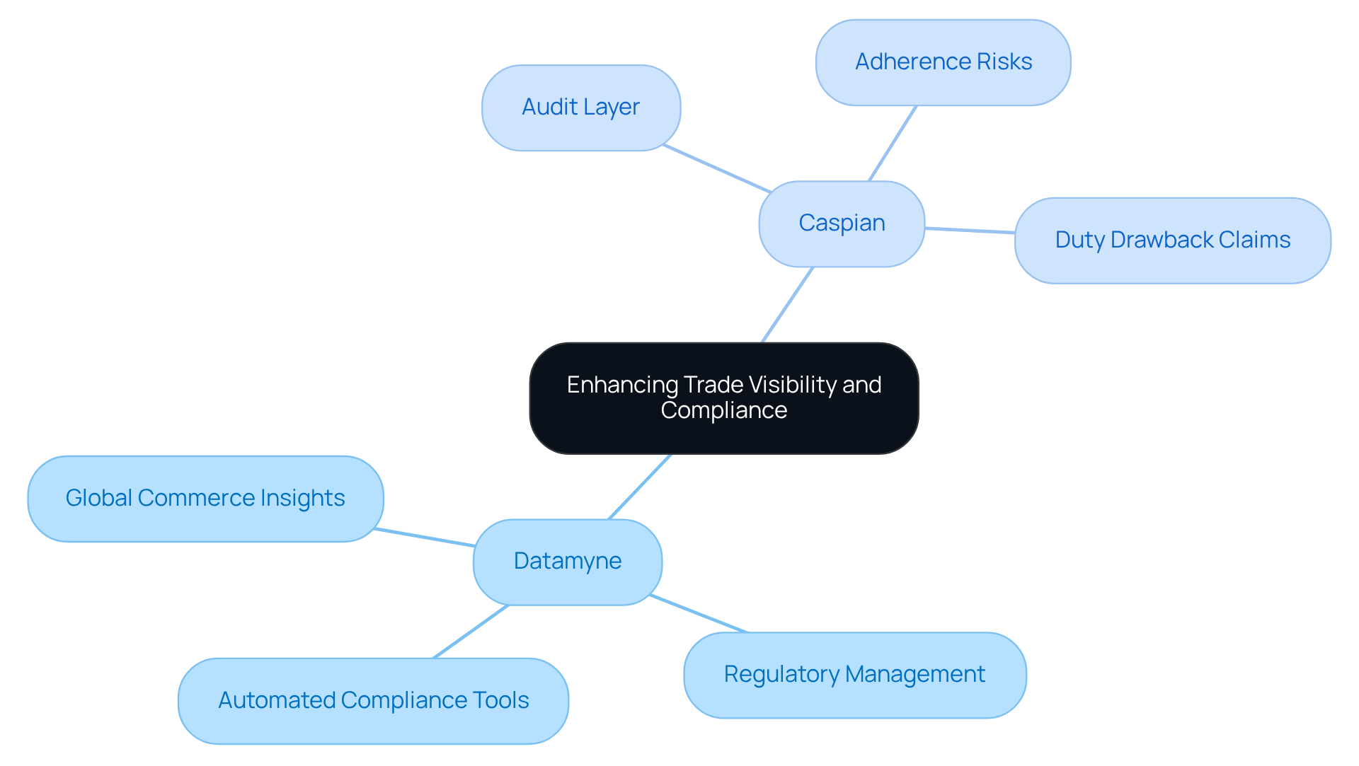 The central node represents the main theme, while the branches show the key features and benefits of Datamyne and Caspian. Each branch connects to specific aspects of trade compliance, helping you see how everything fits together.