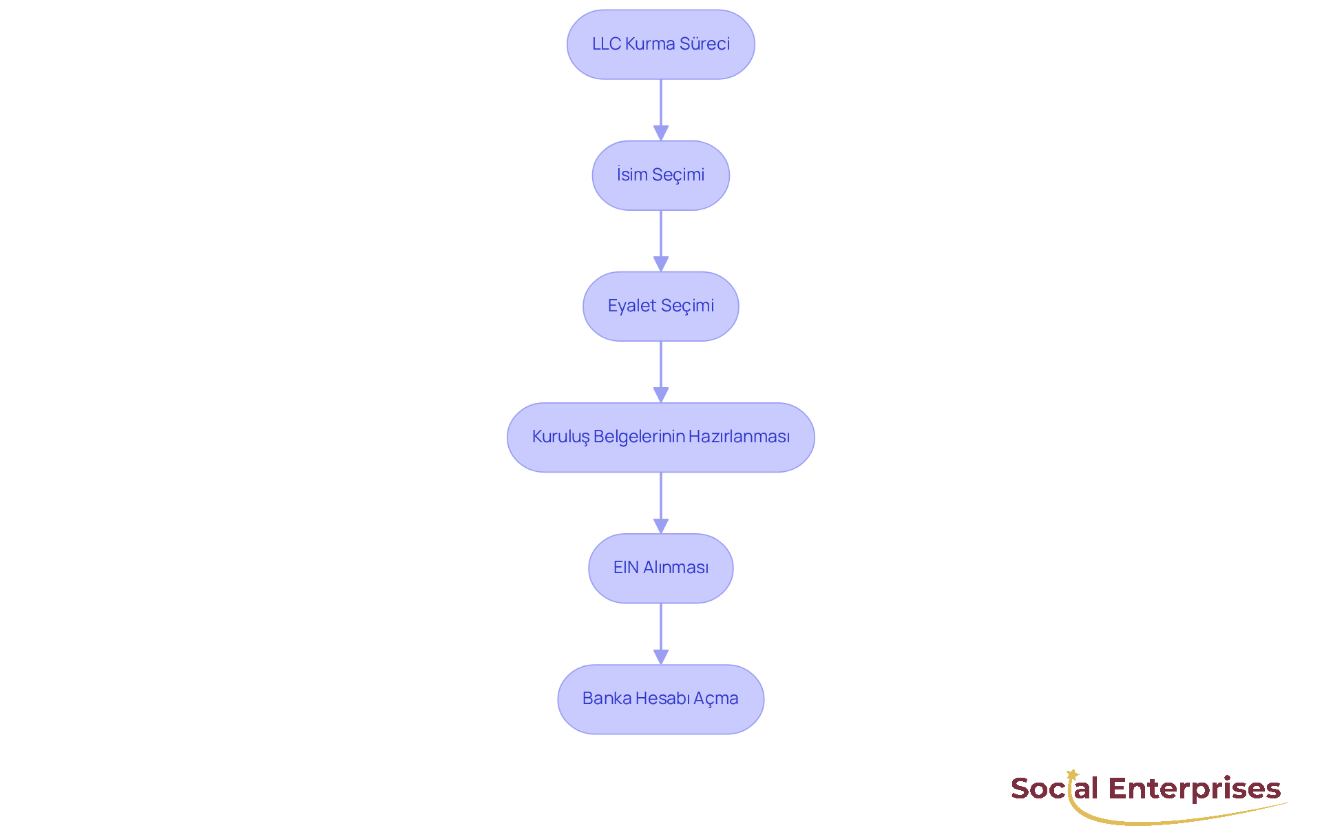 Her kutu, LLC kurma sürecindeki bir adımı temsil eder. Oklar ise bu adımların nasıl sırayla takip edilmesi gerektiğini gösterir.