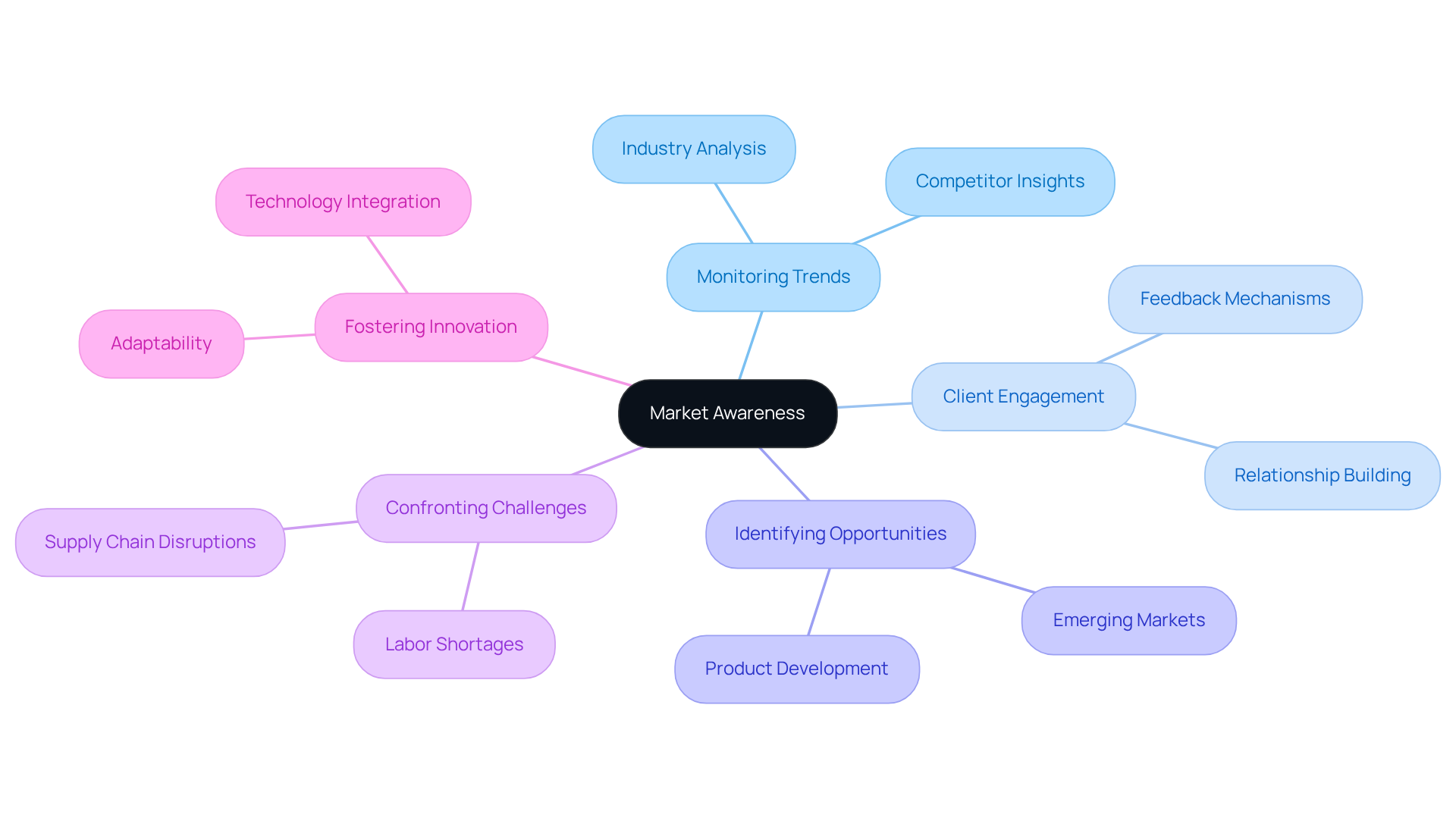 The central node represents the importance of market awareness, while the branches illustrate how different aspects contribute to the company's competitive strategy. Follow the branches to explore how each area supports the overall goal of staying competitive. The central node represents the importance of market awareness, while the branches illustrate how different aspects contribute to the company's competitive strategy. Follow the branches to explore how each area supports the overall goal of staying competitive.