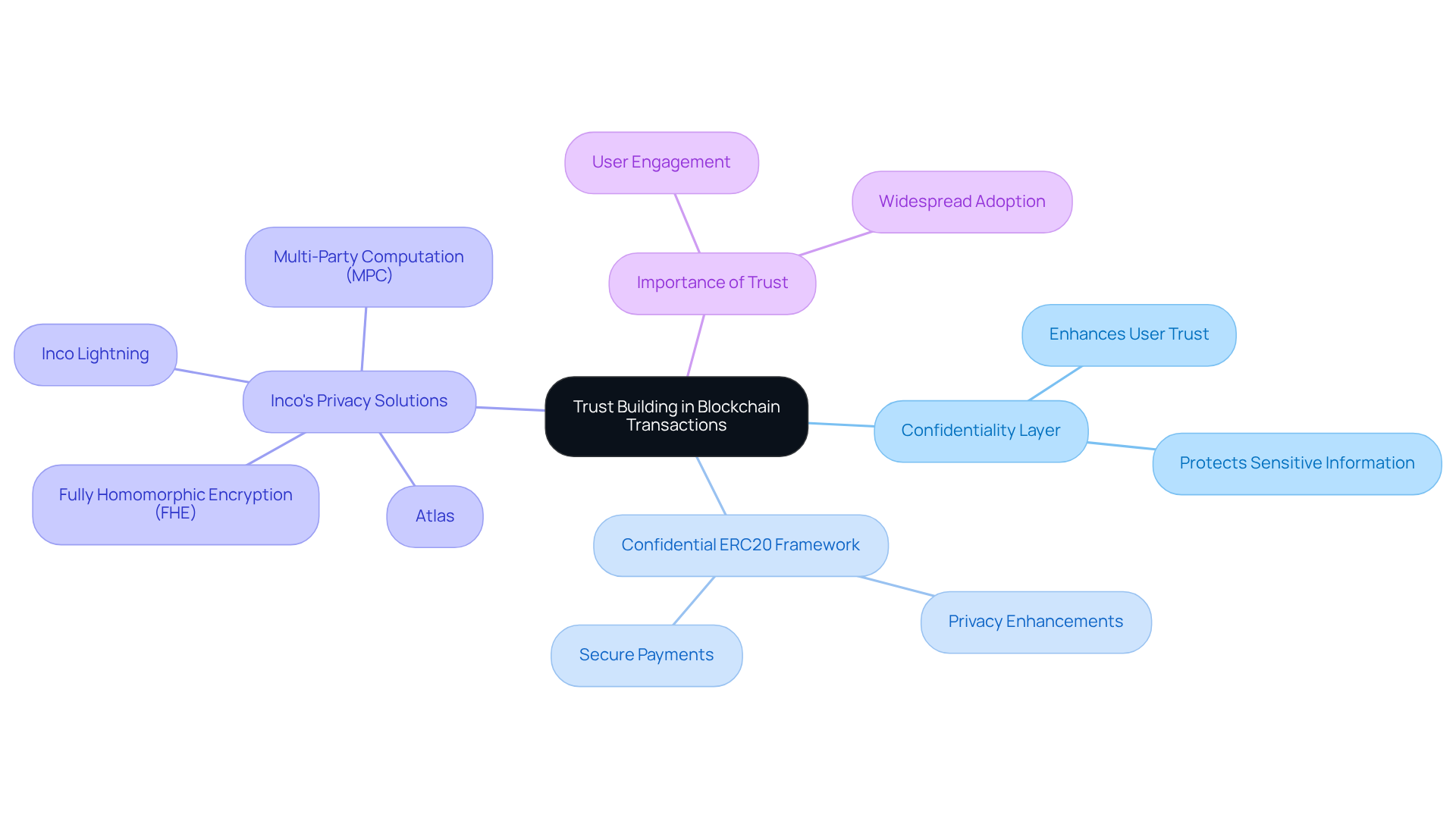 The central node represents the main theme of trust in blockchain. Each branch shows a key area related to this theme, with further details on technologies and concepts that support trust and privacy.