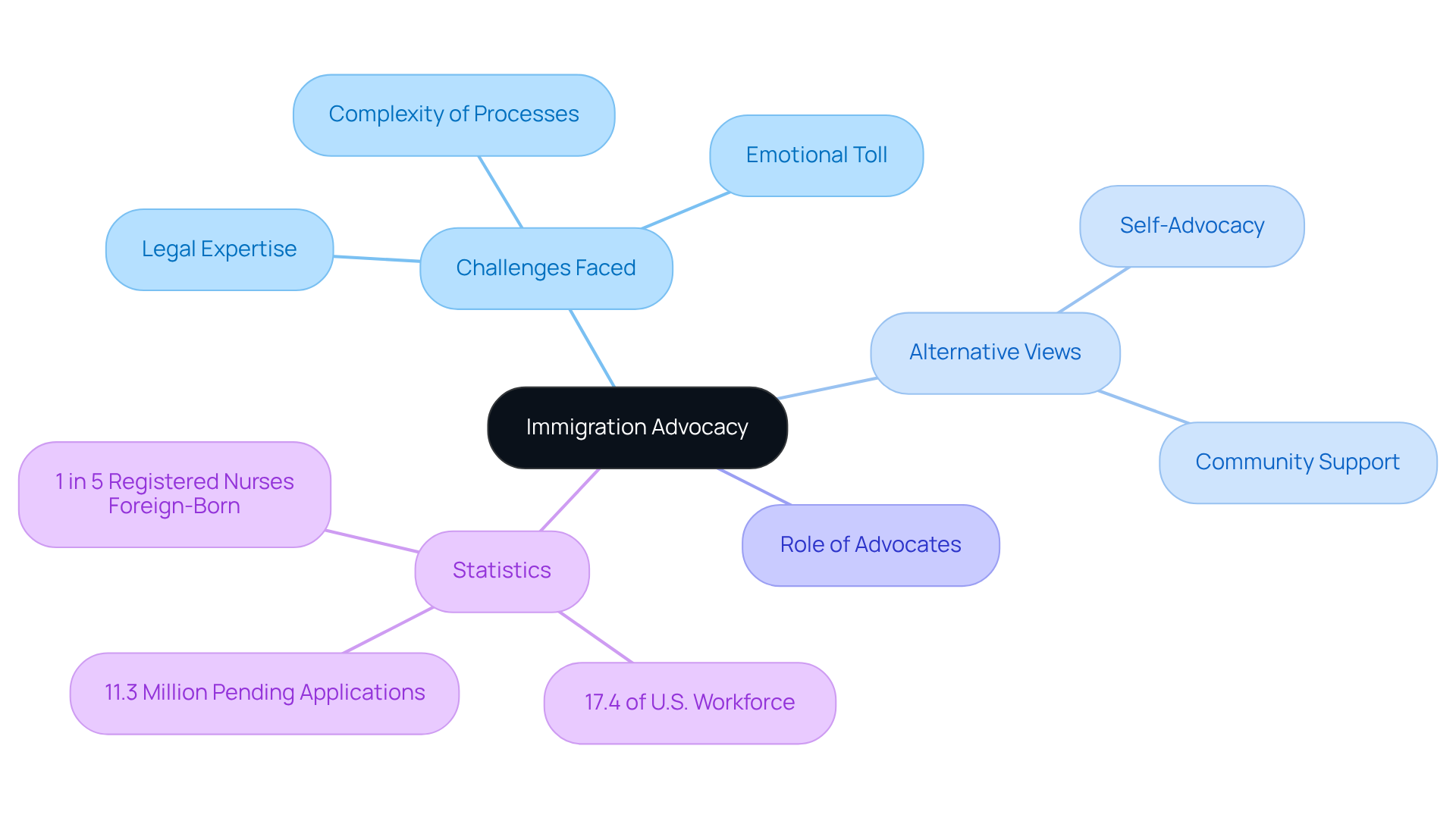 The center represents the main topic of immigration advocacy. Each branch shows different aspects of the discussion, helping you see how they connect and the importance of support in navigating the immigration system.