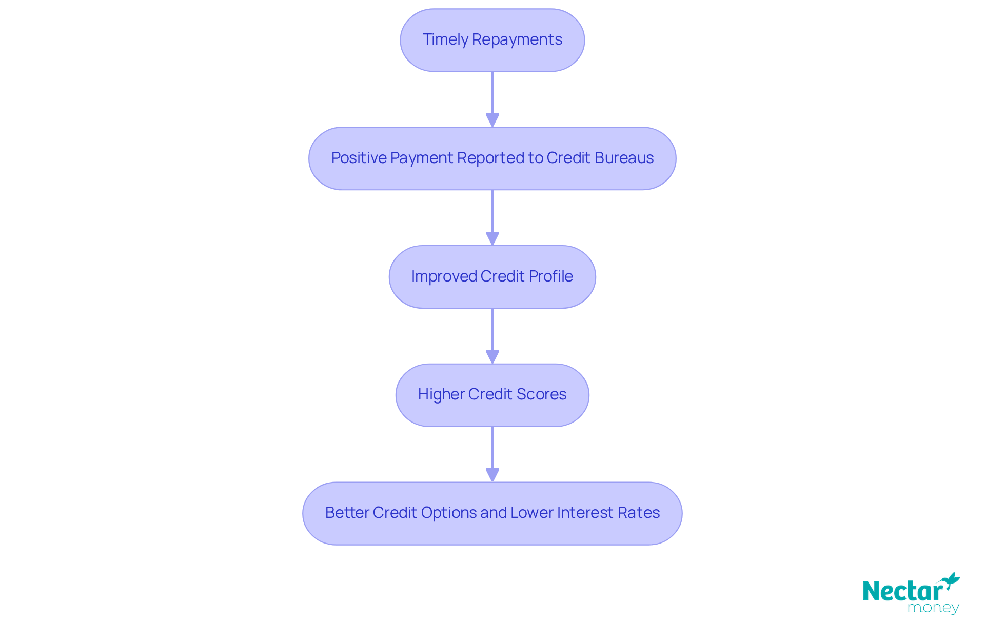 Start with making timely repayments at the top. Each box shows a step in the journey towards a better credit score — follow the arrows to see how actions lead to financial improvements.