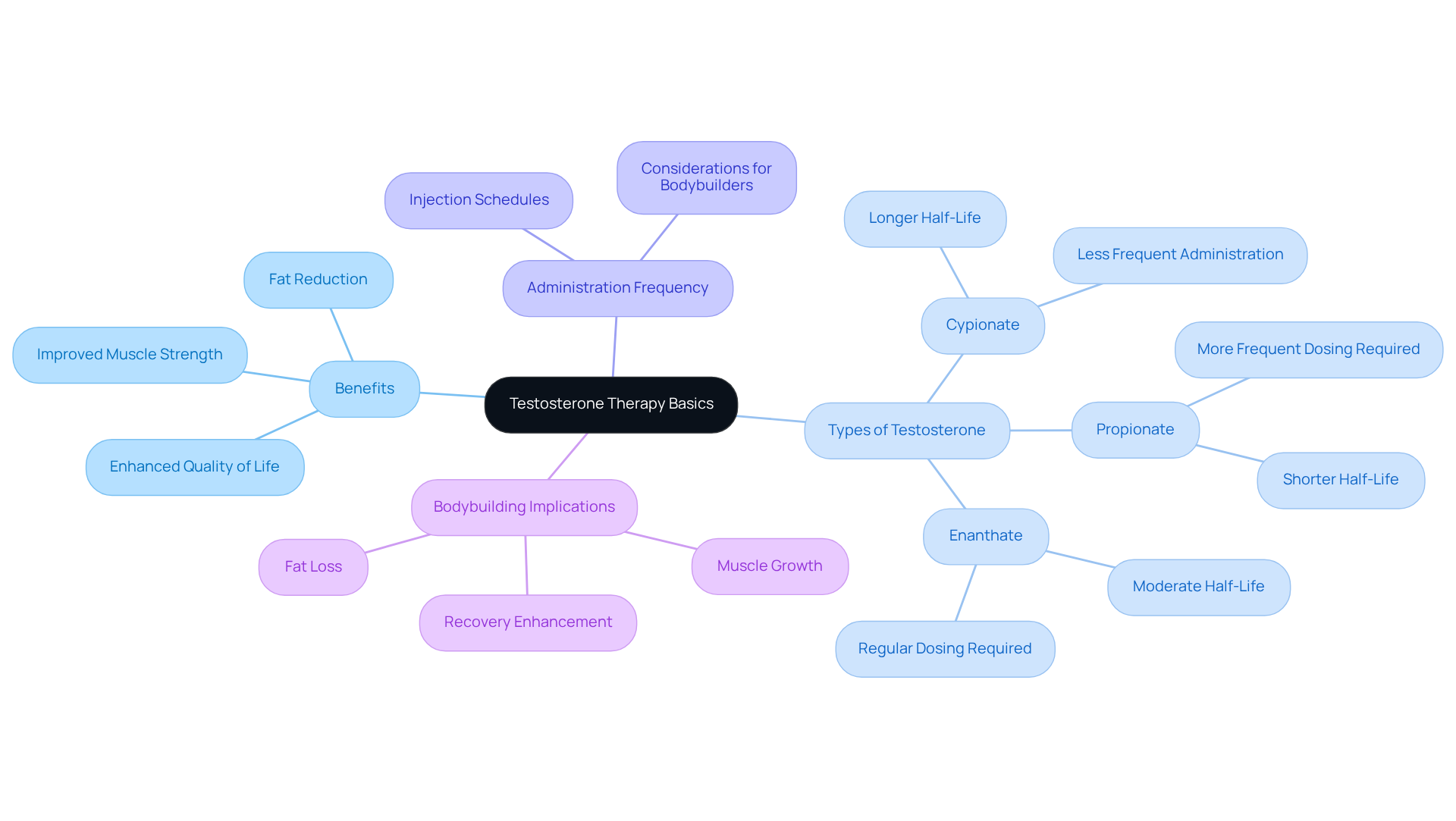 The central node represents the main topic of testosterone therapy, while the branches show related areas of interest. Each color-coded branch helps you quickly identify different aspects, making it easier to understand how they connect.