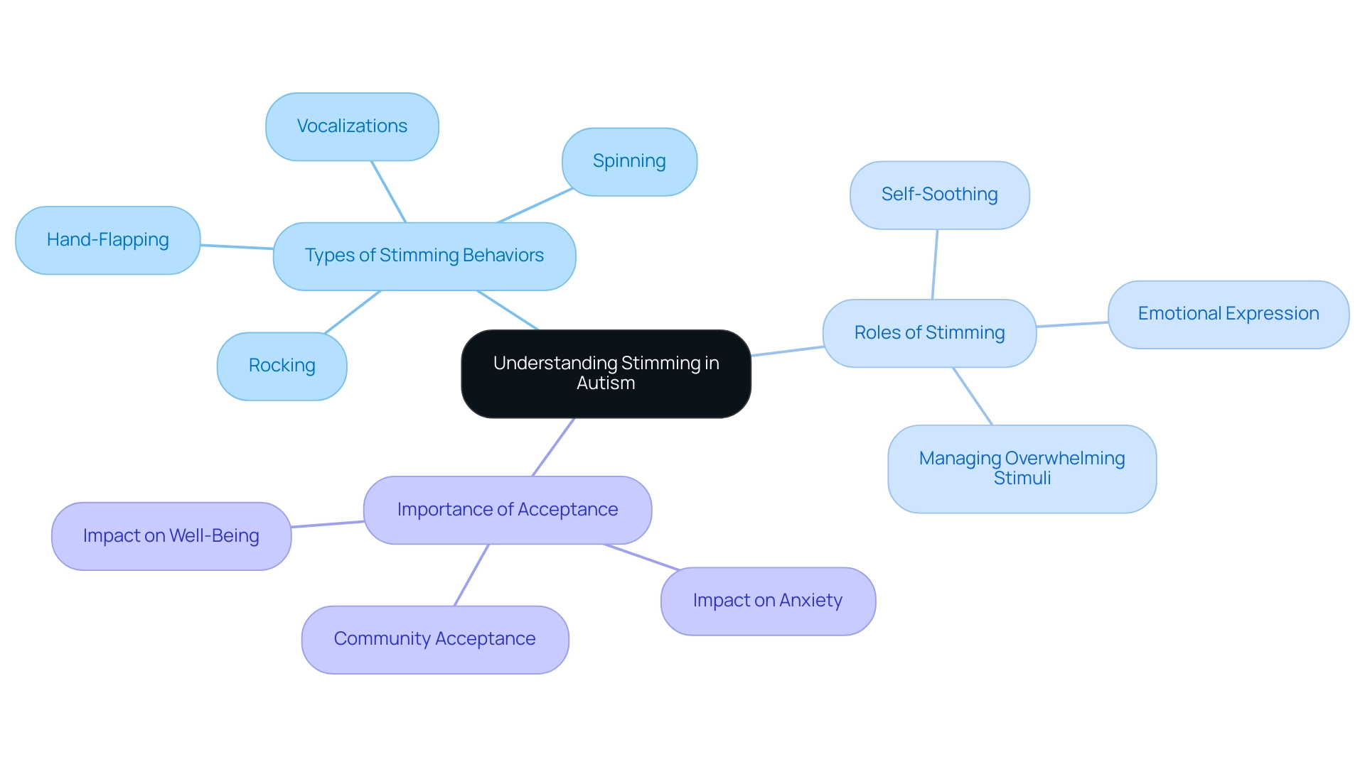 The central node represents the concept of stimming, with branches illustrating types of behaviors, their roles, and the importance of acceptance.