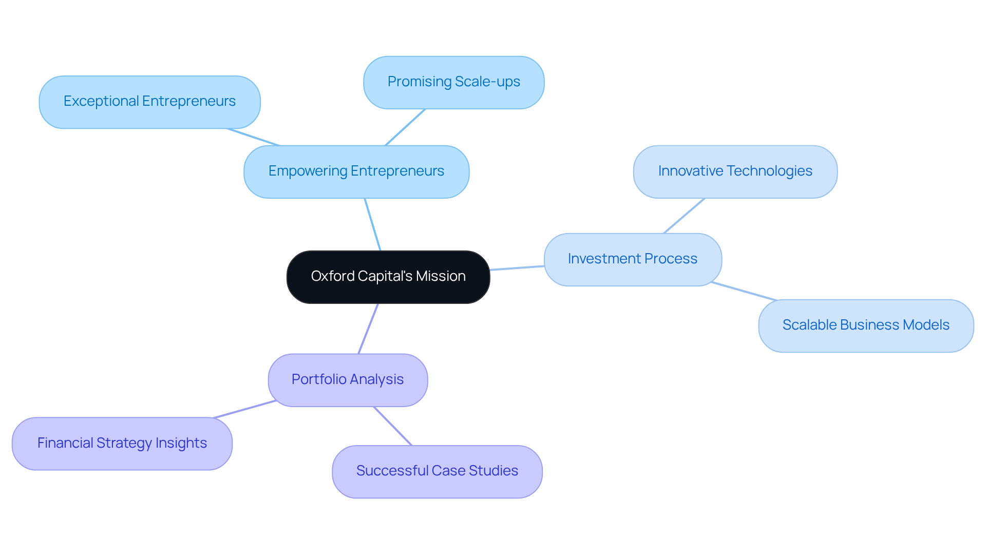 The center represents Oxford Capital's mission, with branches showing how they empower entrepreneurs and what investment strategies they prioritize. Each color-coded branch helps visualize the focus areas and their importance.