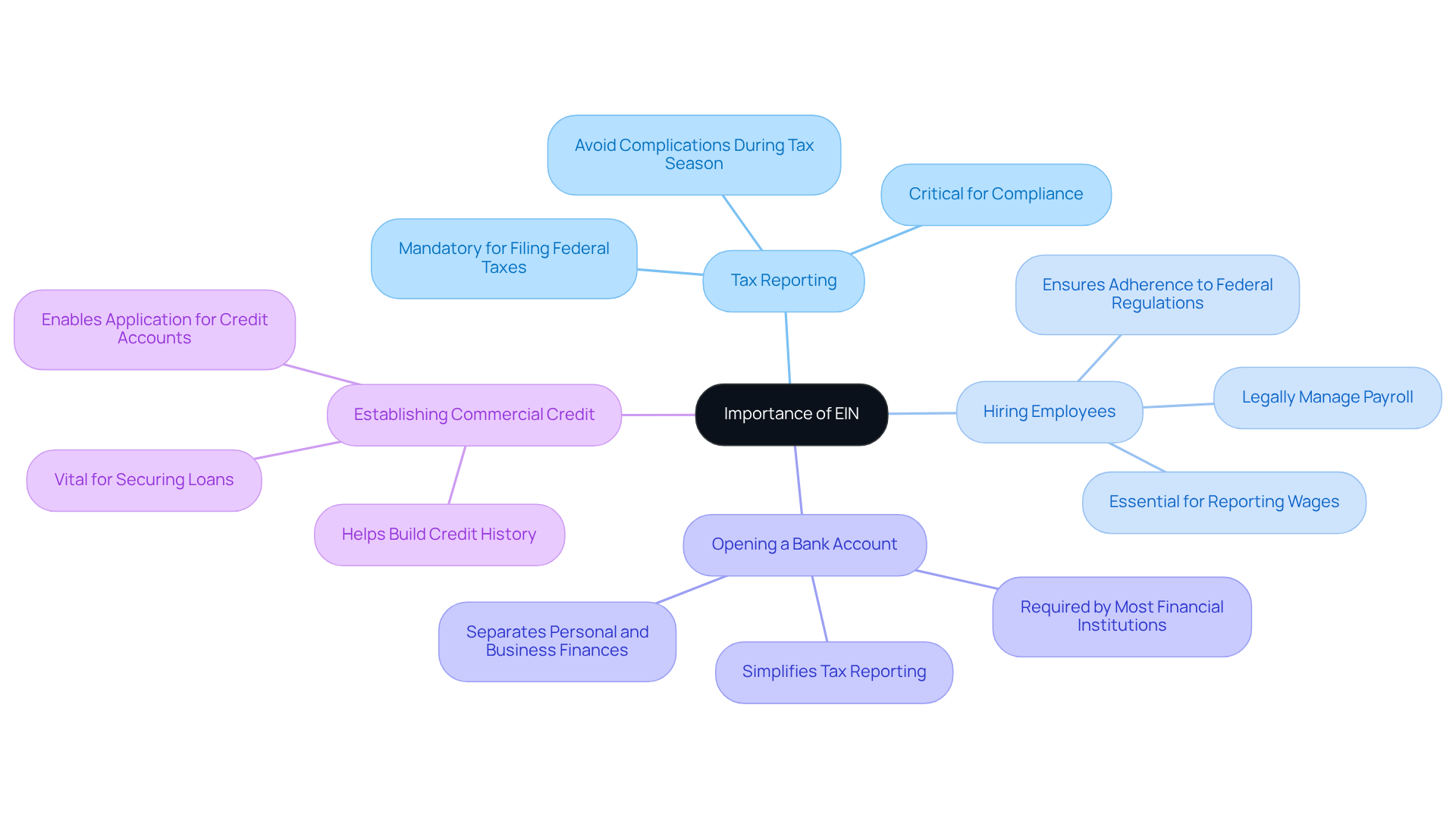The central node represents the EIN's importance, while the branches show its key functions. Each function is broken down into specific points, helping you see why having an EIN is crucial for your business. The central node represents the EIN's importance, while the branches show its key functions. Each function is broken down into specific points, helping you see why having an EIN is crucial for your business.