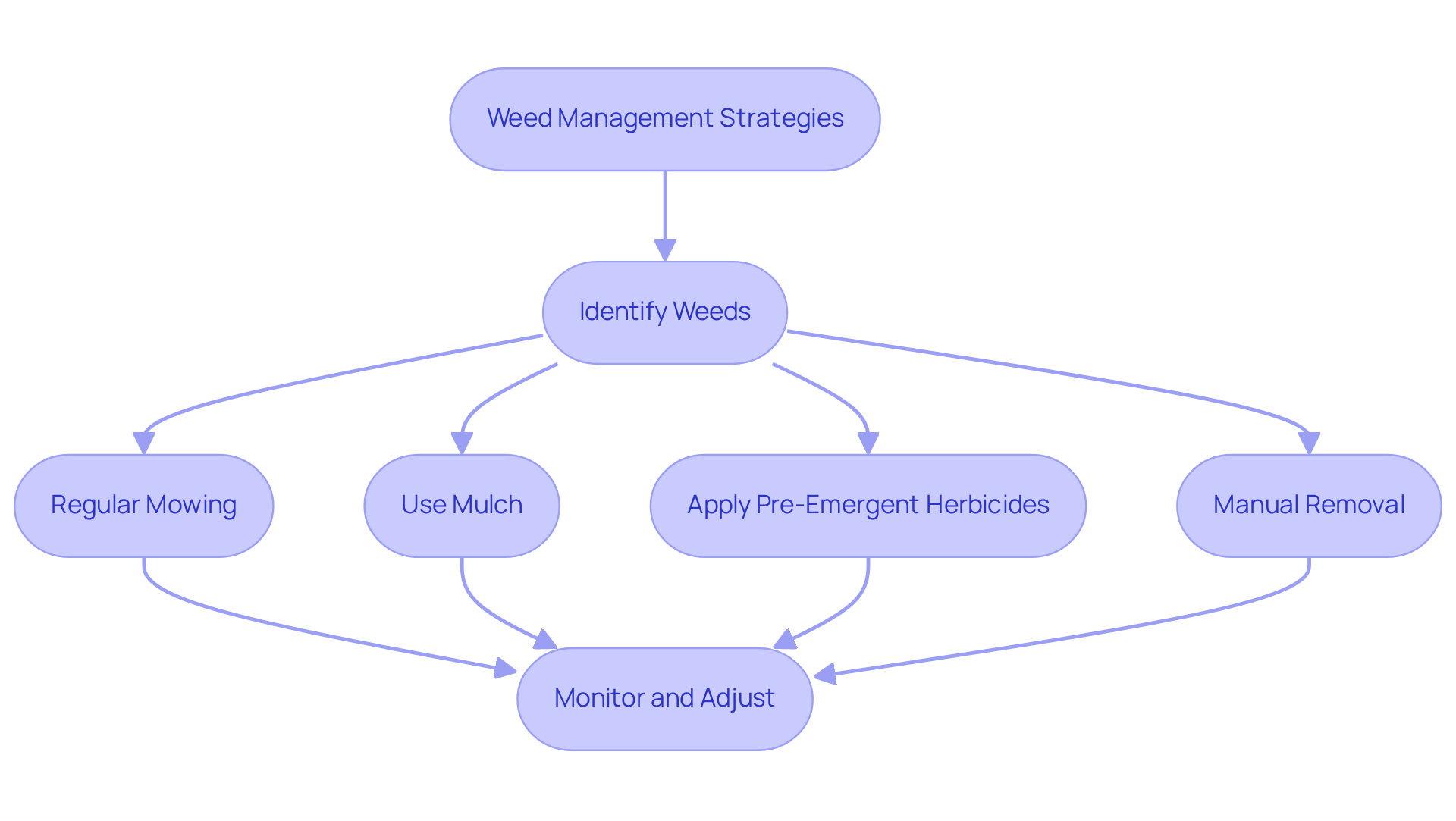 Each box represents a strategy for managing weeds. Follow the arrows to see how each step contributes to keeping your lawn healthy and weed-free. Start with identifying weeds, then move through the steps of mowing, mulching, applying herbicides, manual removal, and finally monitoring your lawn.