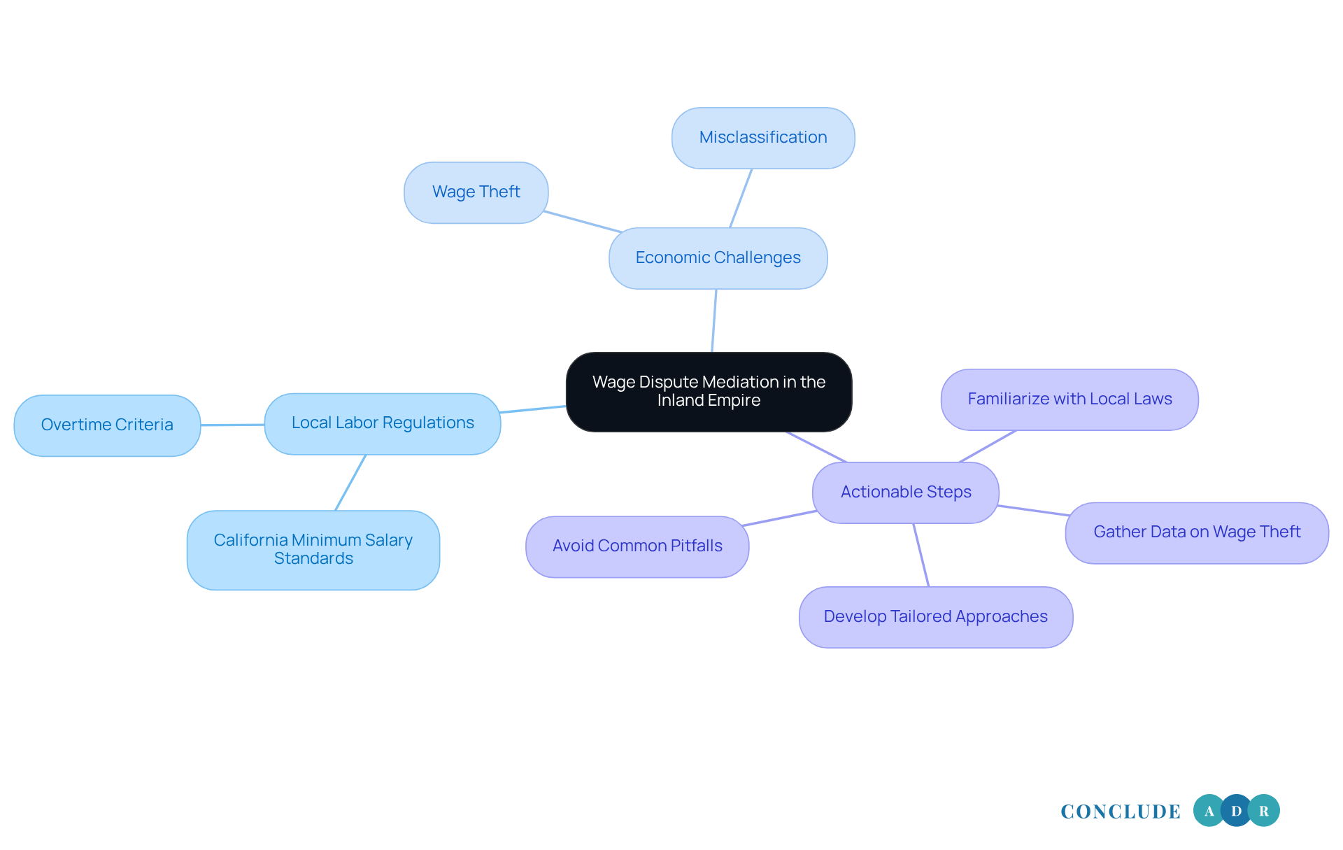 Start at the center with the main topic, then follow the branches to explore local regulations, economic challenges, and practical steps for facilitators. Each branch represents a key area of focus in understanding wage disputes.