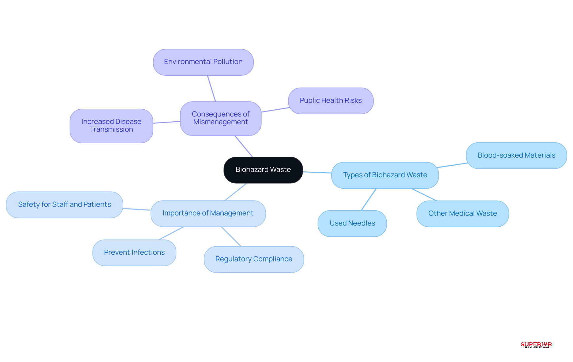 The central node represents biohazard waste, with branches showing different types of waste and their importance. Each color-coded branch helps you see how everything connects and why proper management is crucial.