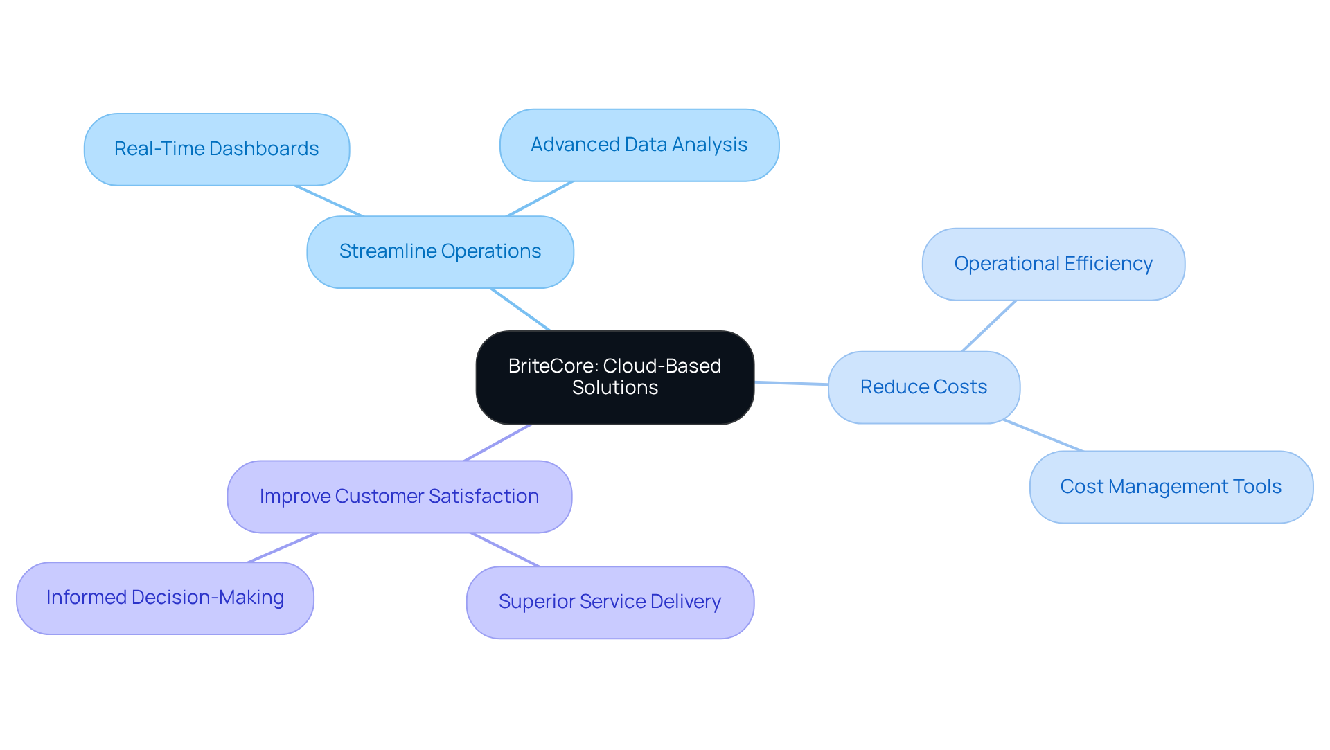 Start at the center with BriteCore's main offerings, then follow the branches to explore how they enhance operations, cut costs, and boost customer satisfaction. Start at the center with BriteCore's main offerings, then follow the branches to explore how they enhance operations, cut costs, and boost customer satisfaction.