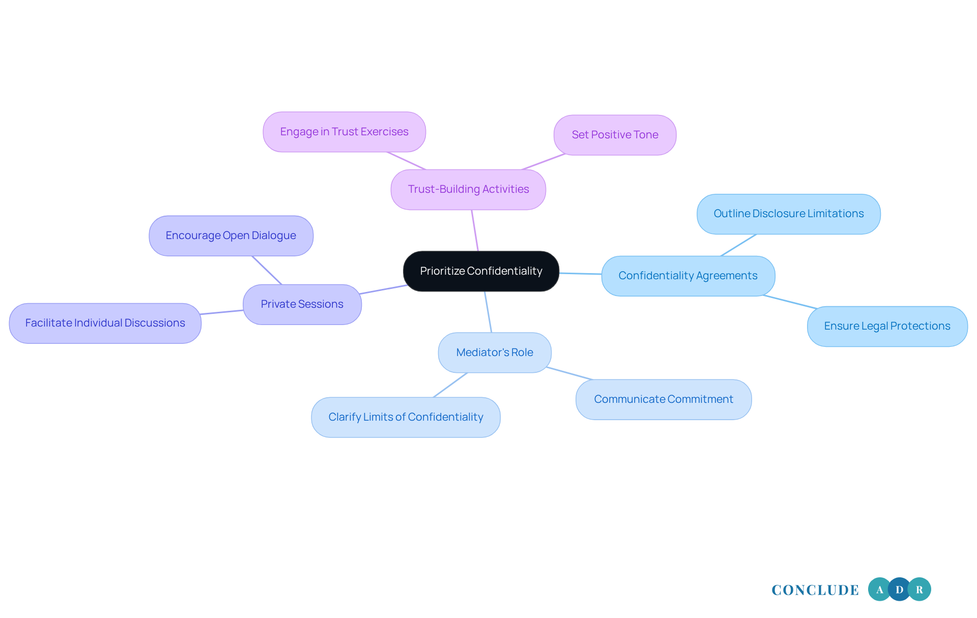 The center represents the main focus on confidentiality, while the branches show different strategies to enhance it. Each color-coded branch leads to specific actions or roles that contribute to creating a safe and trusting environment.