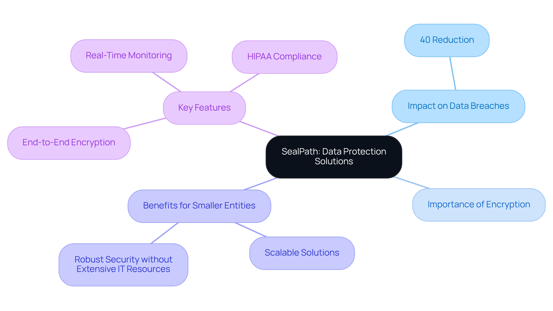The center represents SealPath's encryption solutions, and the branches show how they impact data security, especially in healthcare. Each branch highlights important statistics and features that organizations should consider.