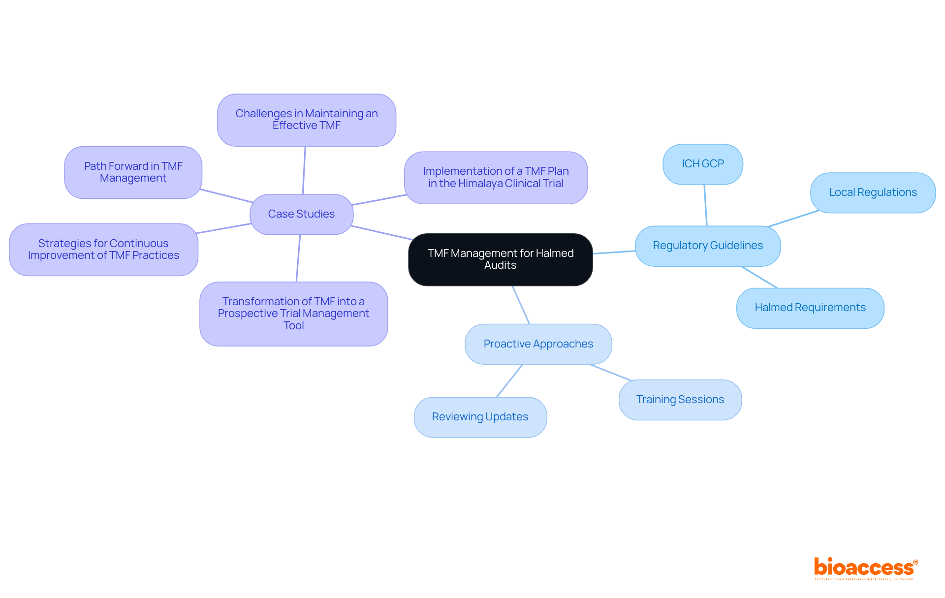 Start at the center with TMF Management, then explore the branches to see the guidelines, proactive strategies, and successful case studies that support effective management.