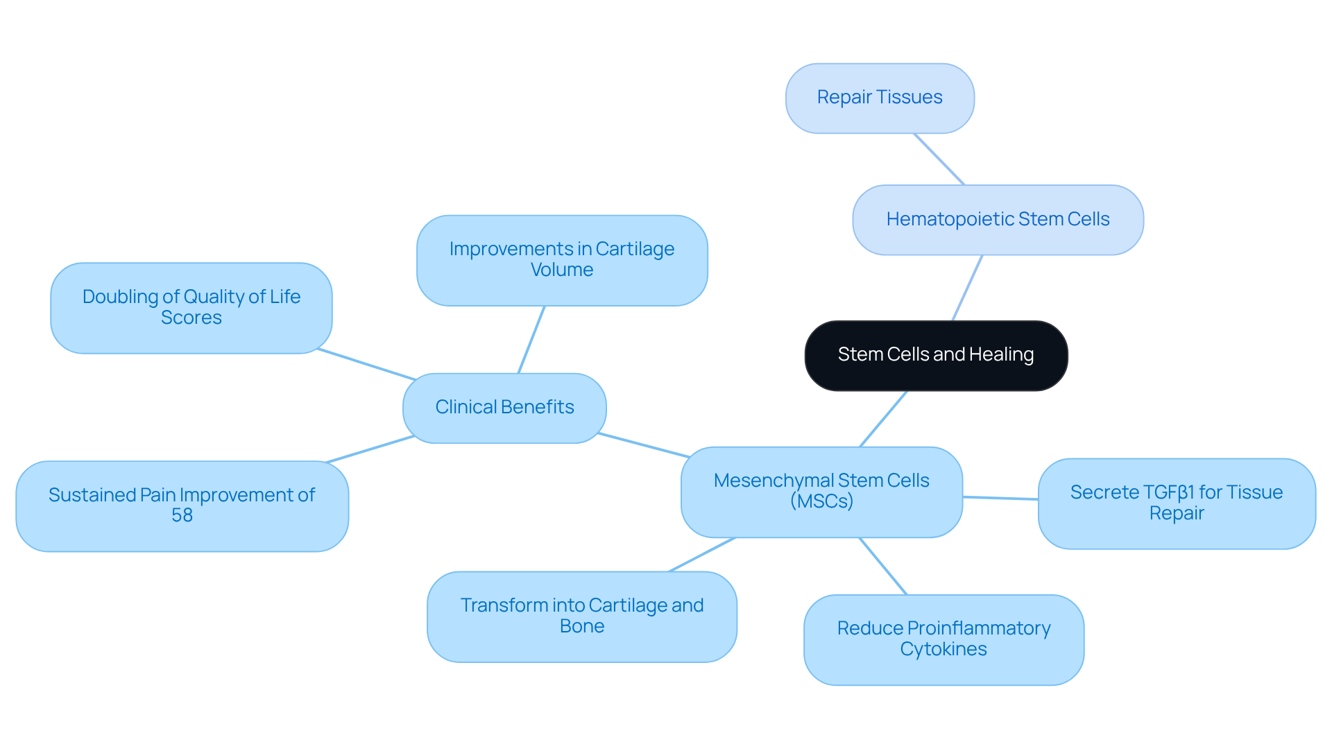 This mindmap illustrates how stem cells contribute to healing, with the central idea of stem cells branching out into two main types and their specific functions. Follow the branches to understand how each type of stem cell plays a role in healing knee pain.