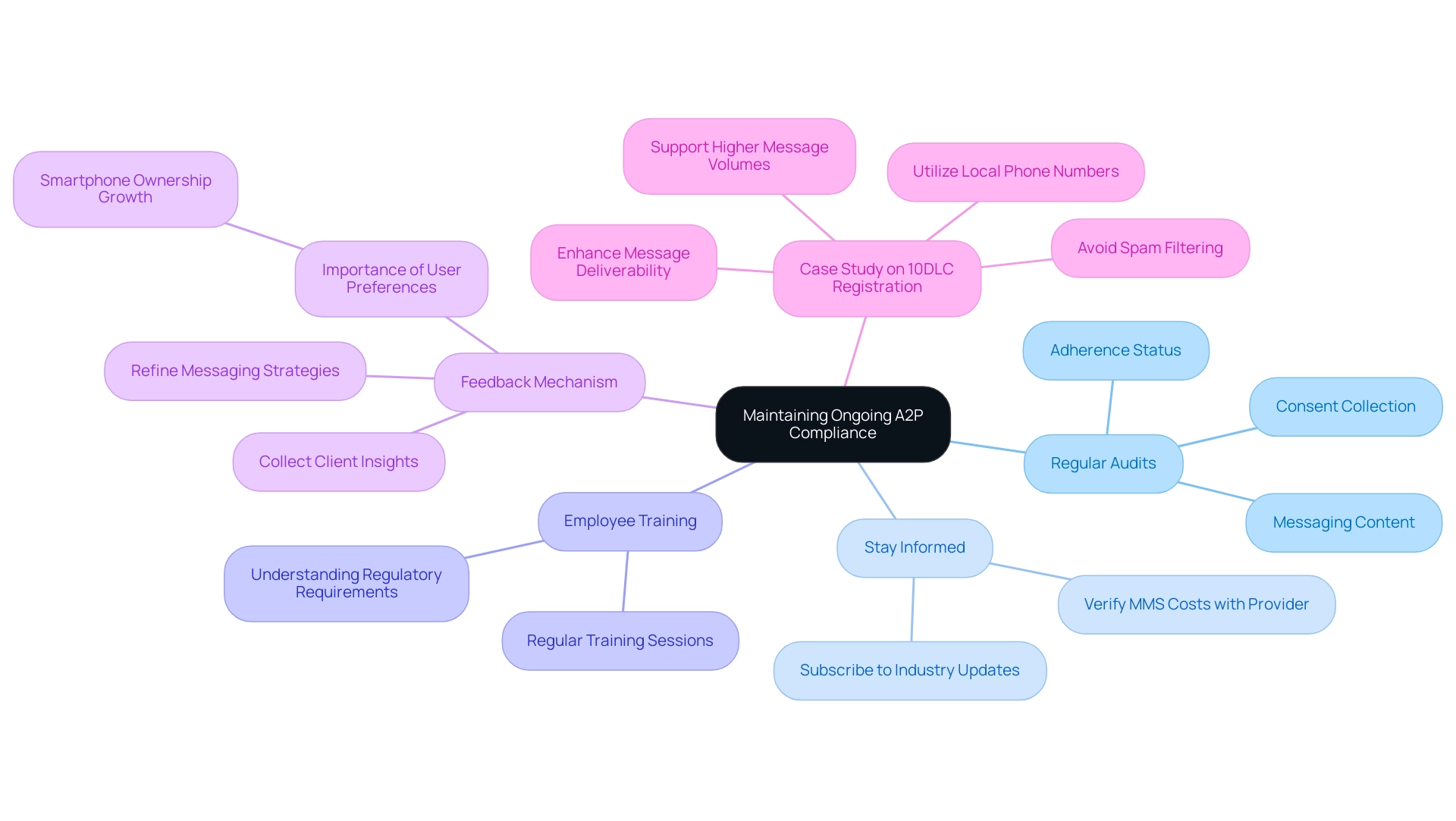 Each branch represents a best practice for maintaining A2P compliance, with sub-branches providing additional details related to each practice.