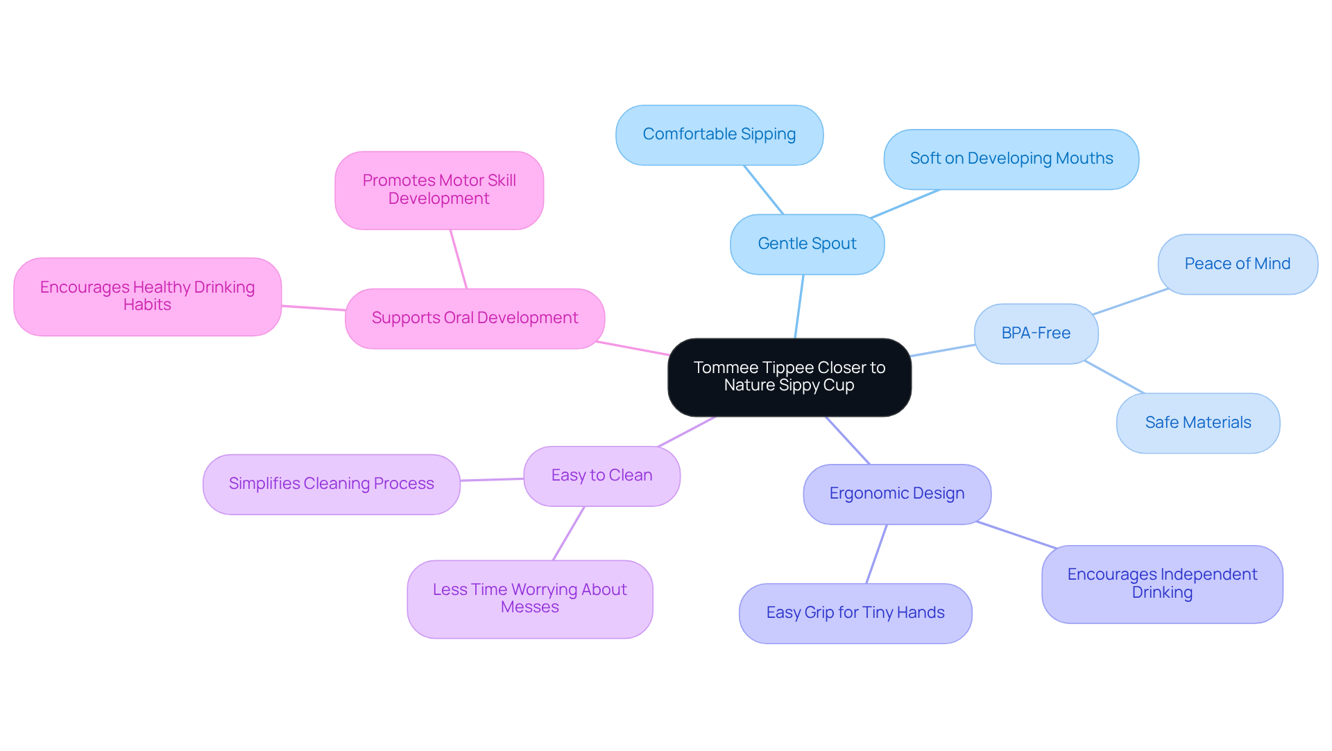 The central node represents the sippy cup, and each branch highlights a key feature. Sub-branches provide additional details, making it easy to understand the benefits at a glance.