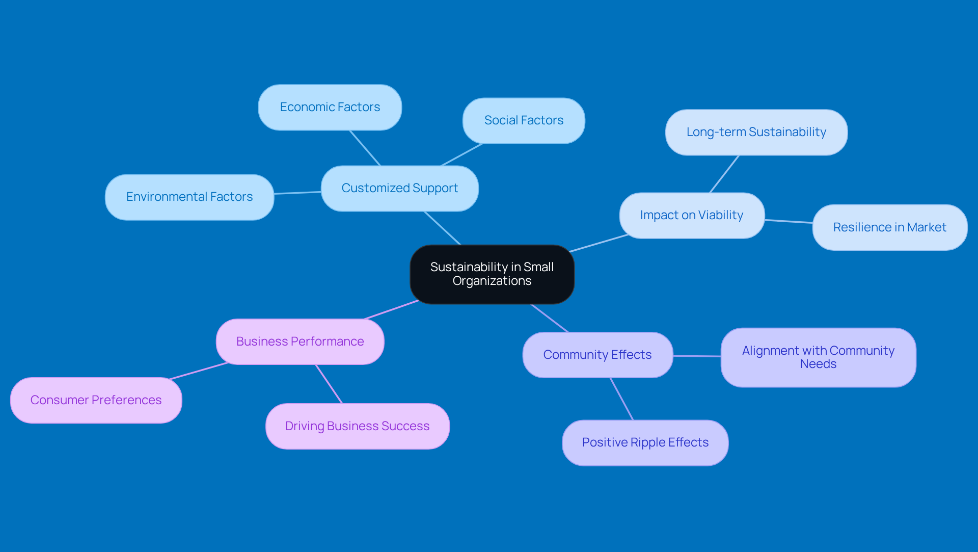 The central node represents the main topic of sustainability, while the branches illustrate the various aspects and impacts it has on small organizations. Each branch shows how different elements contribute to the overall success and resilience of these organizations.