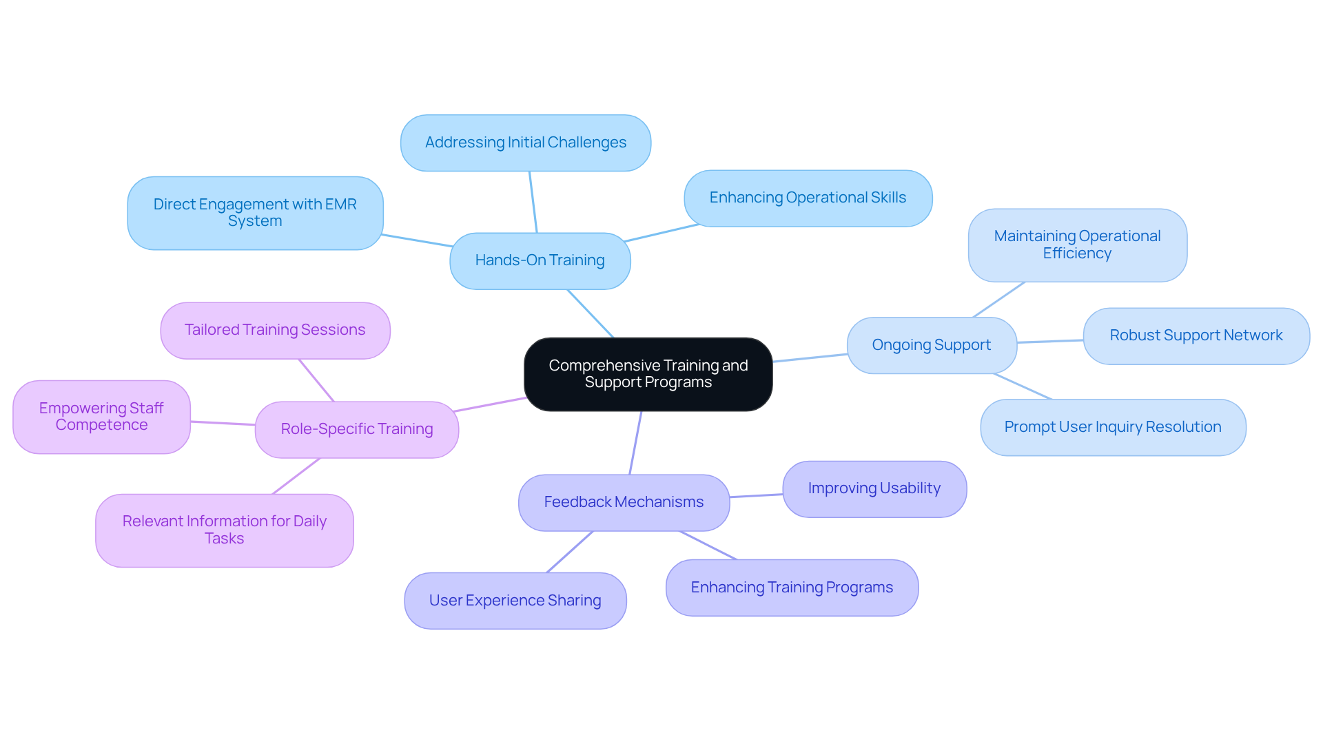 The center represents the main focus on training and support. Each branch shows a different aspect of the training strategy, helping you see how they all contribute to successful EMR implementation. The center represents the main focus on training and support. Each branch shows a different aspect of the training strategy, helping you see how they all contribute to successful EMR implementation.