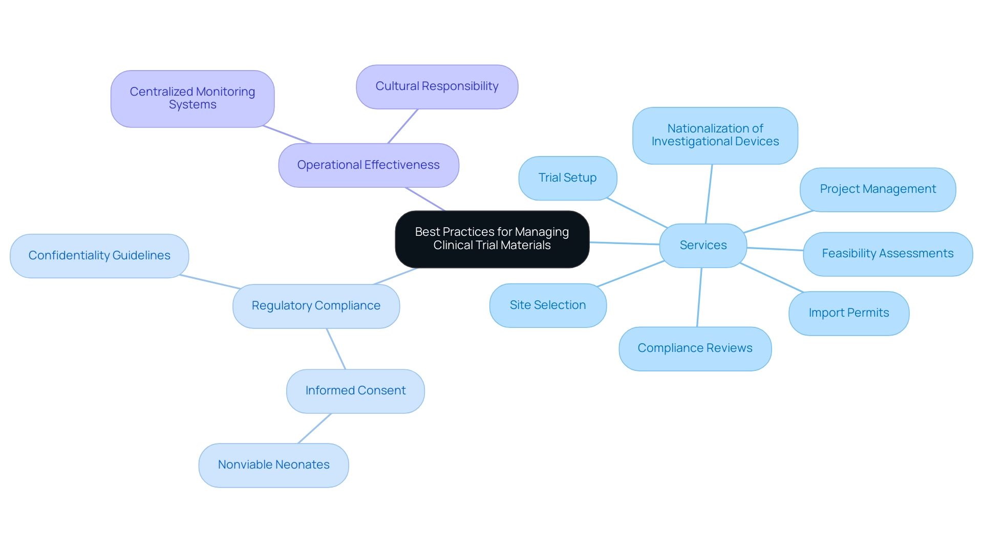 The central node represents the main topic, with branches for key categories and sub-branches for specific services and compliance factors.