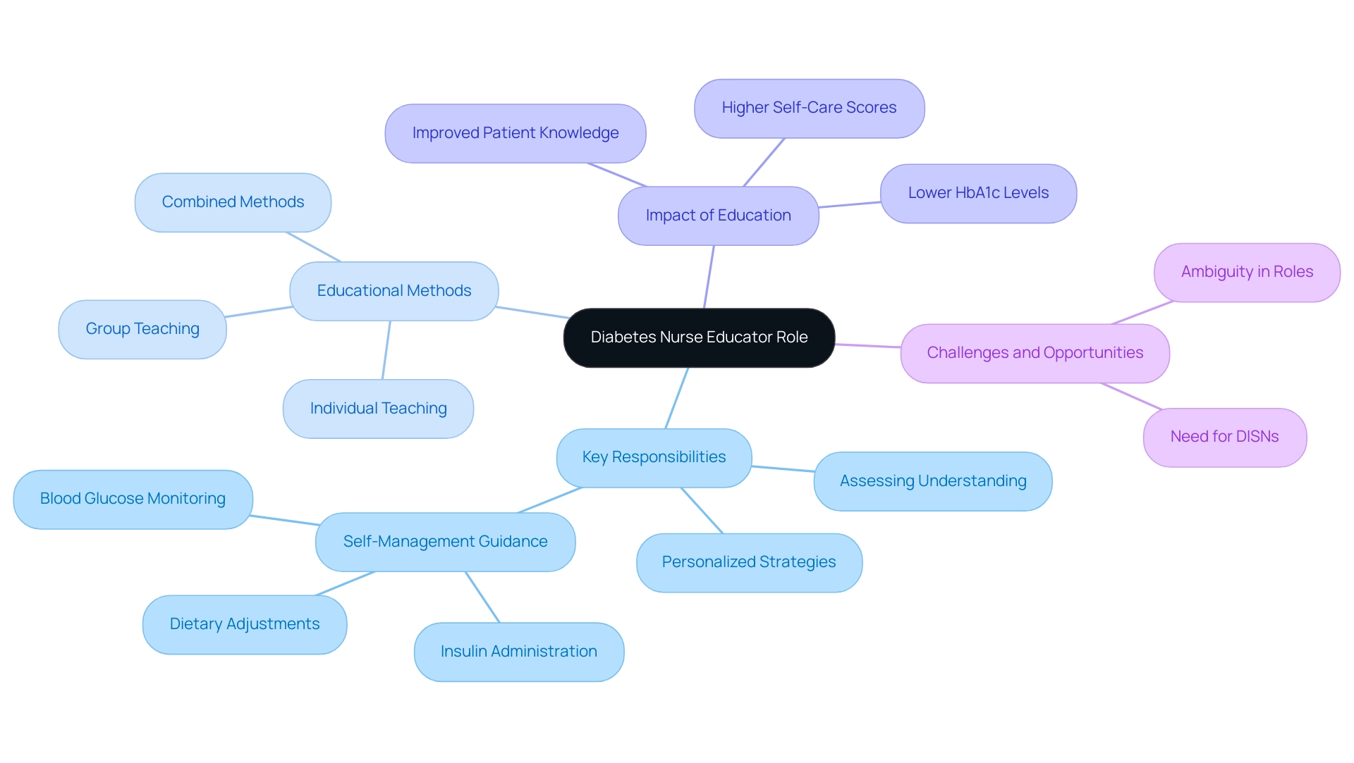 The central node represents the DNE's role. Branches indicate key responsibilities and educational methods, with colors differentiating between them.