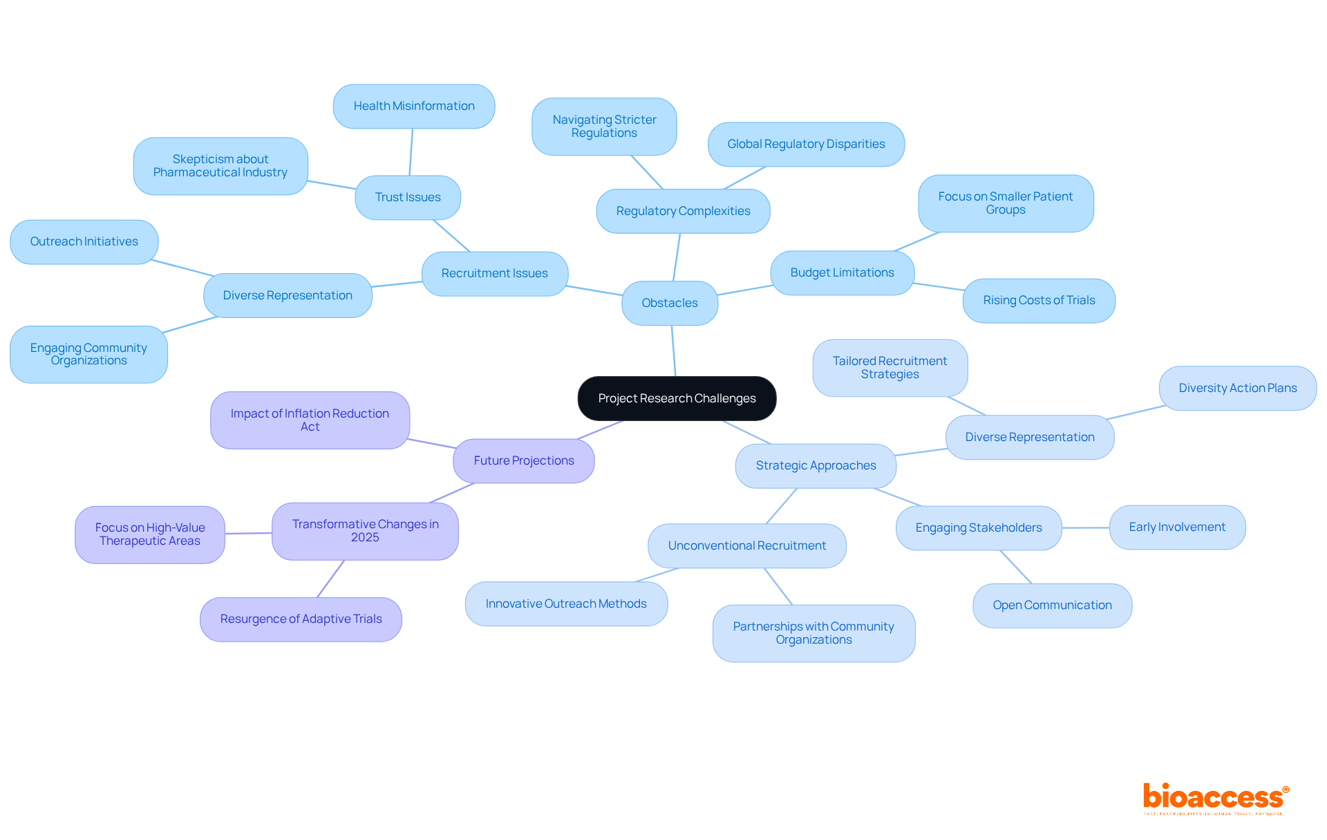 The central node represents the main topic, and the branches show various challenges and strategies. Each color-coded branch helps distinguish between types of information, making it easier to understand how they connect.