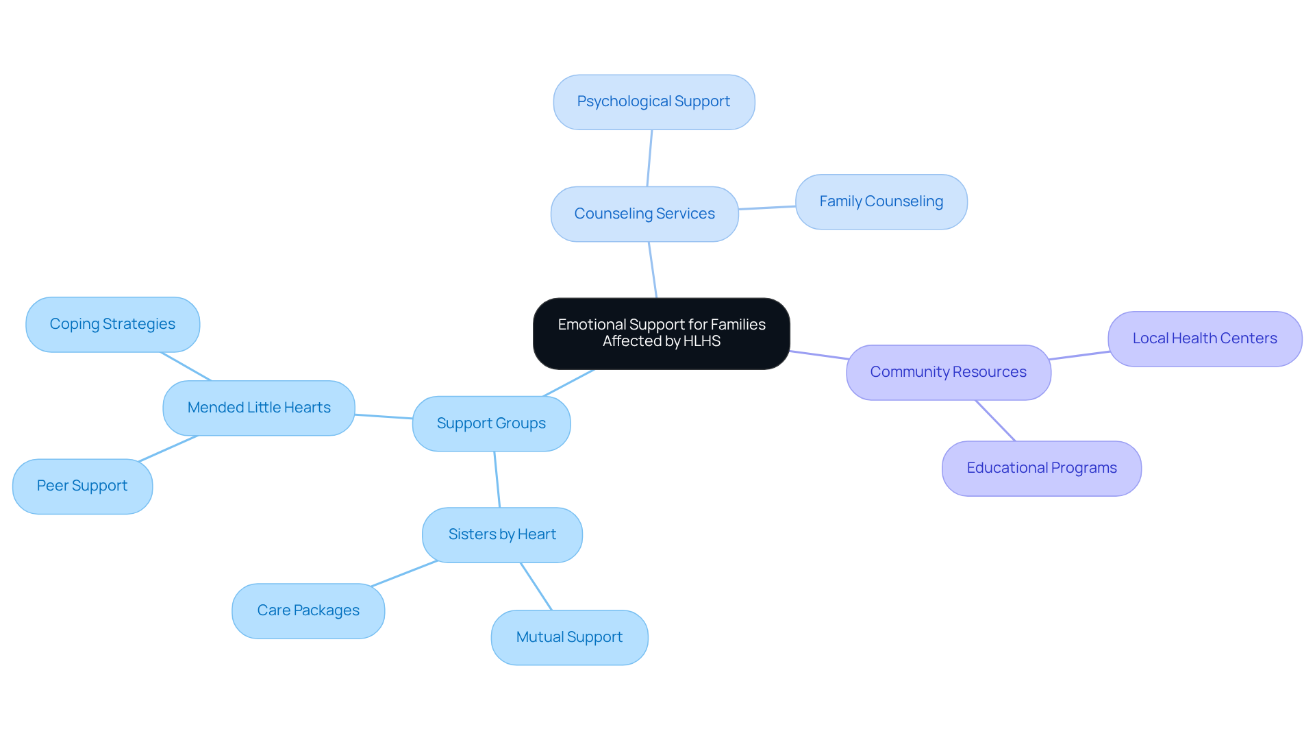 The central node represents the main theme of emotional support, while the branches show different types of resources available. Each sub-branch highlights specific organizations and their contributions, helping families understand where to find support.